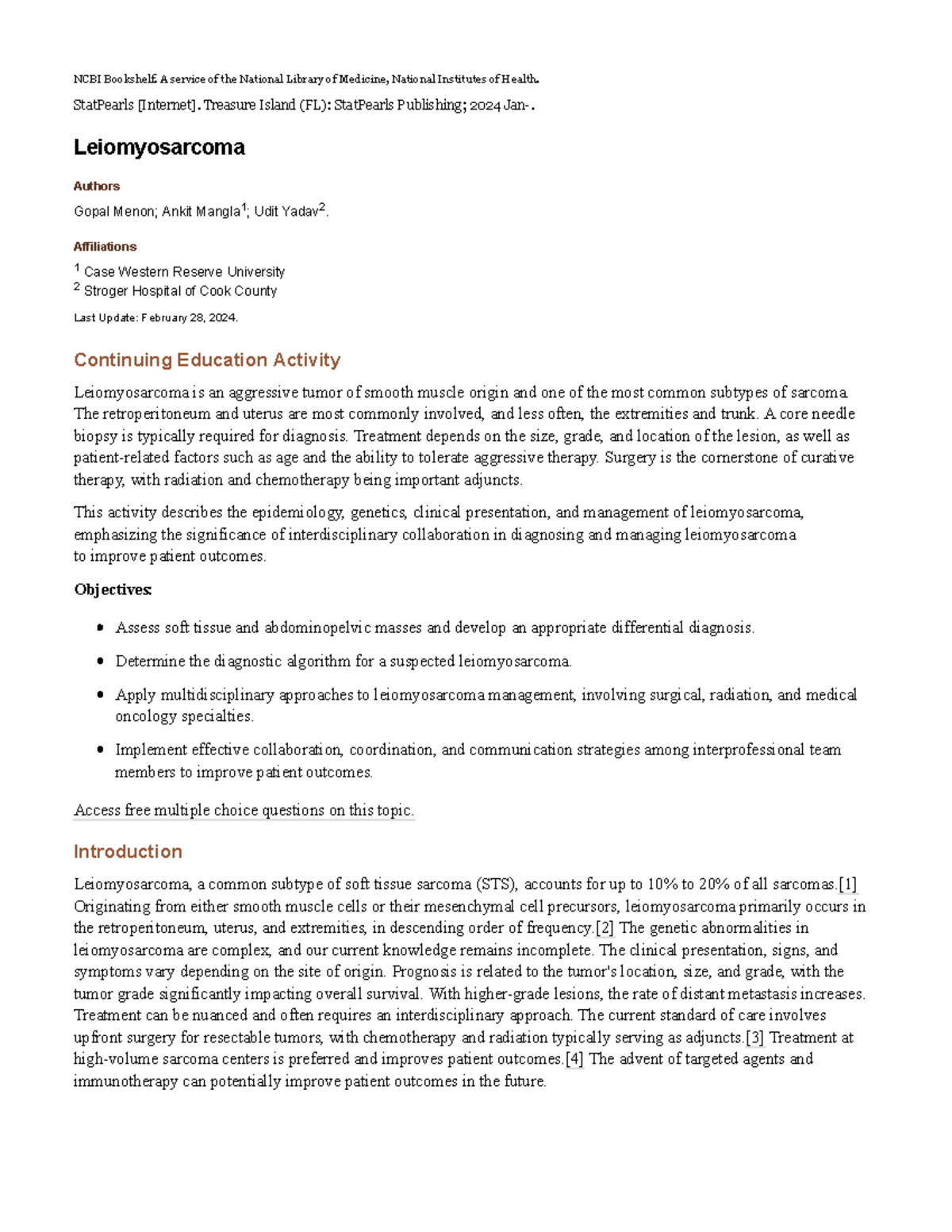 Leiomyosarcoma - Stat Pearls - NCBI Bookshelf - NCBI Bookshelf. A ...