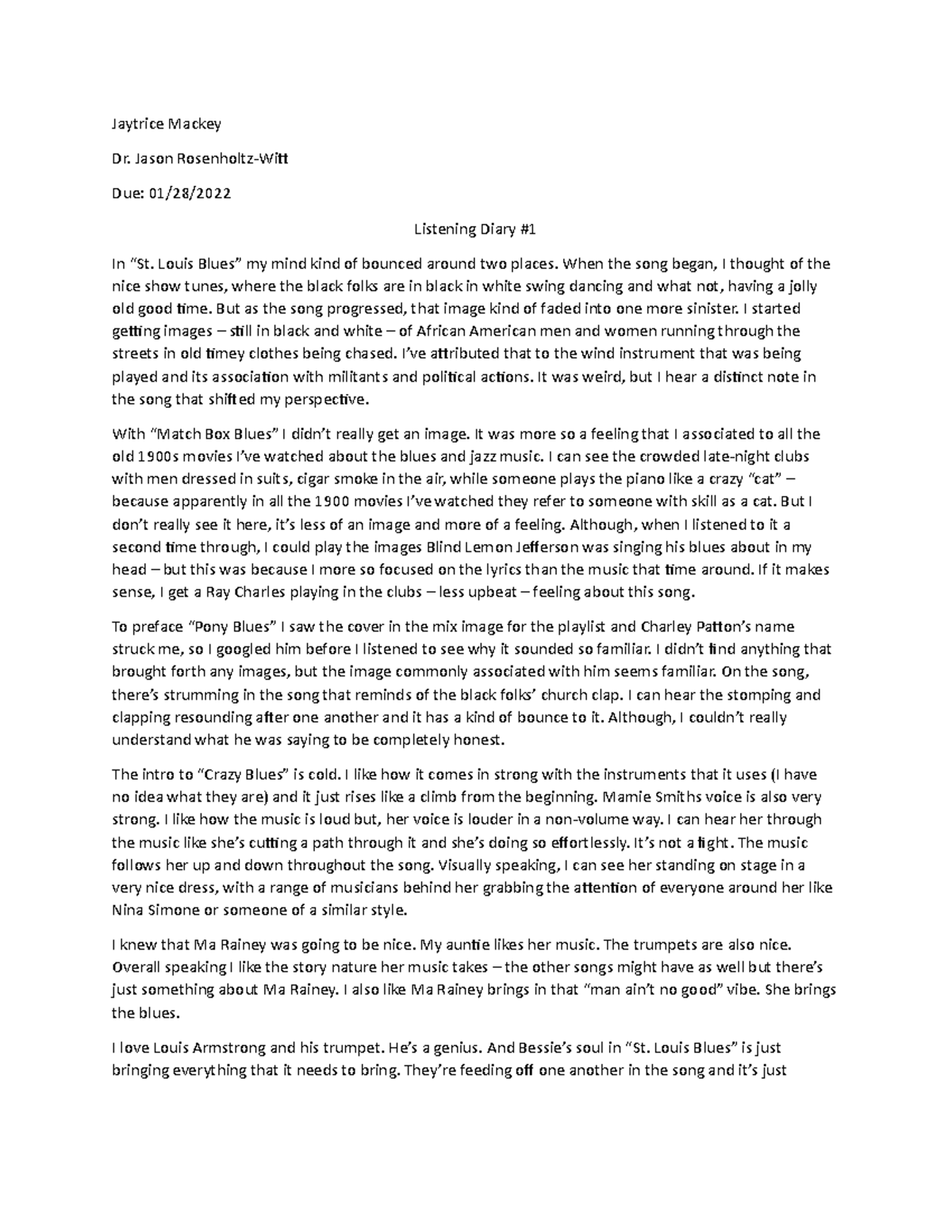 Listening Diary #1 - These are an example of the notes collected and an ...