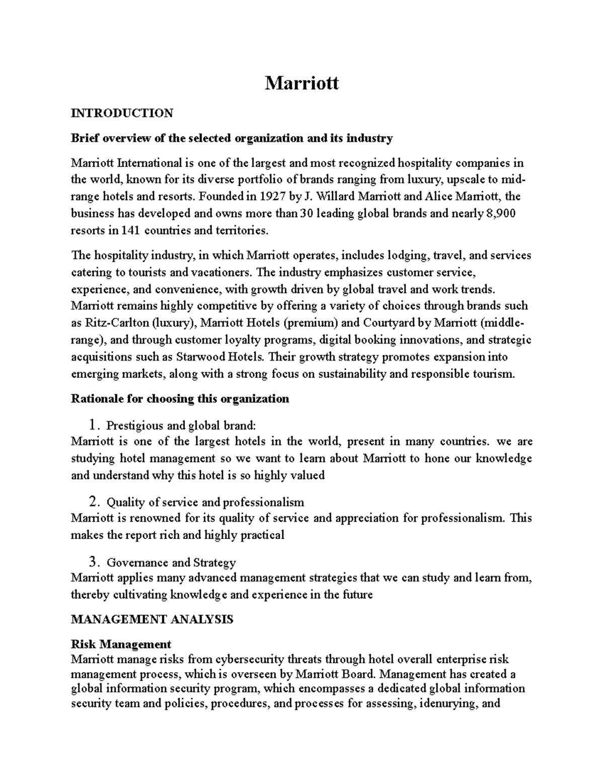 Marriott - ghdf - Marriott INTRODUCTION Brief overview of the selected ...