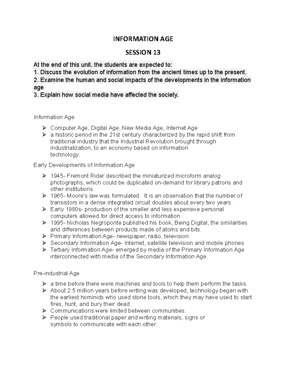 Information AGE - INFORMATION AGE SESSION 13 At the end of this unit ...