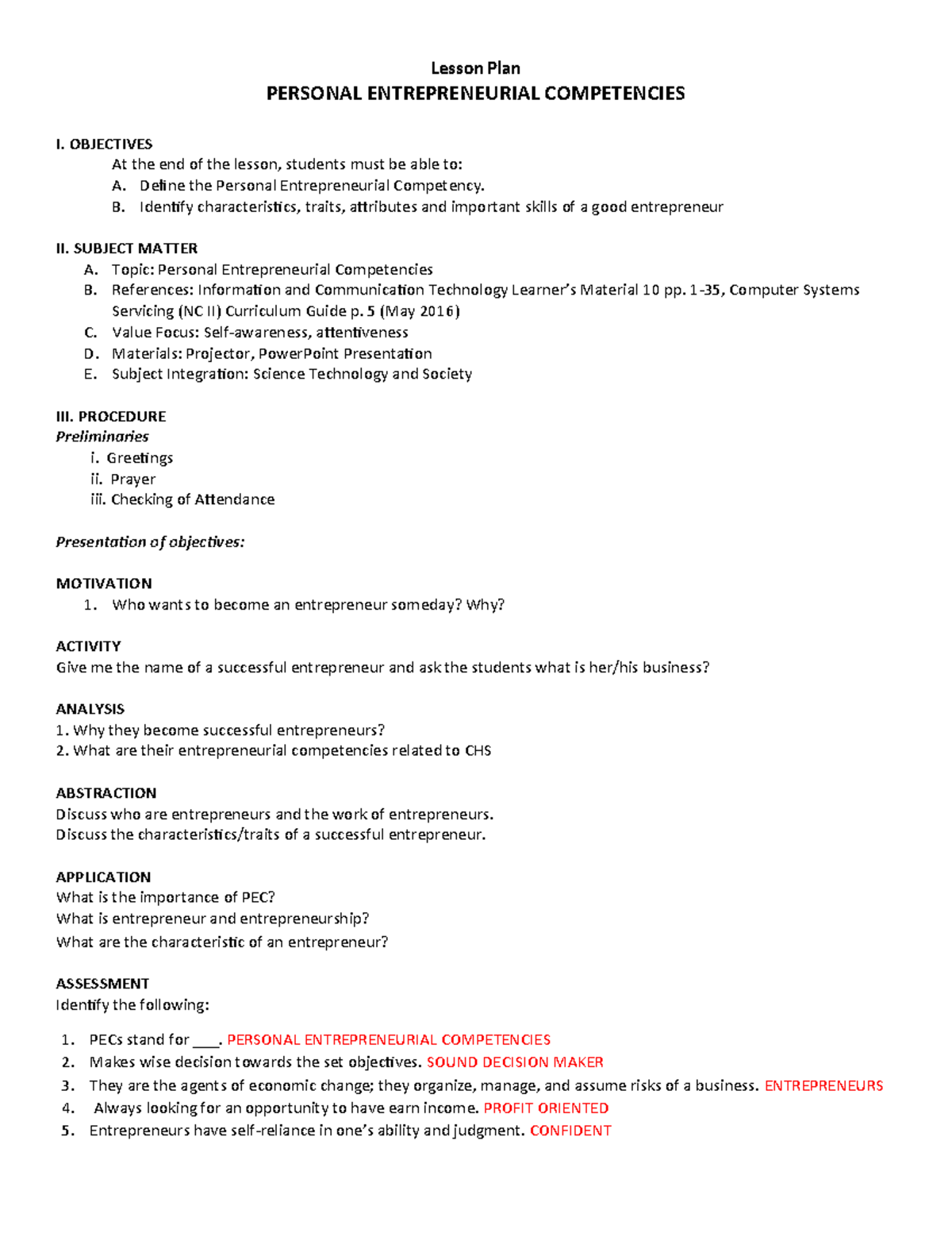 PECS DLP Entrep 9 - DLP - Lesson Plan PERSONAL ENTREPRENEURIAL ...