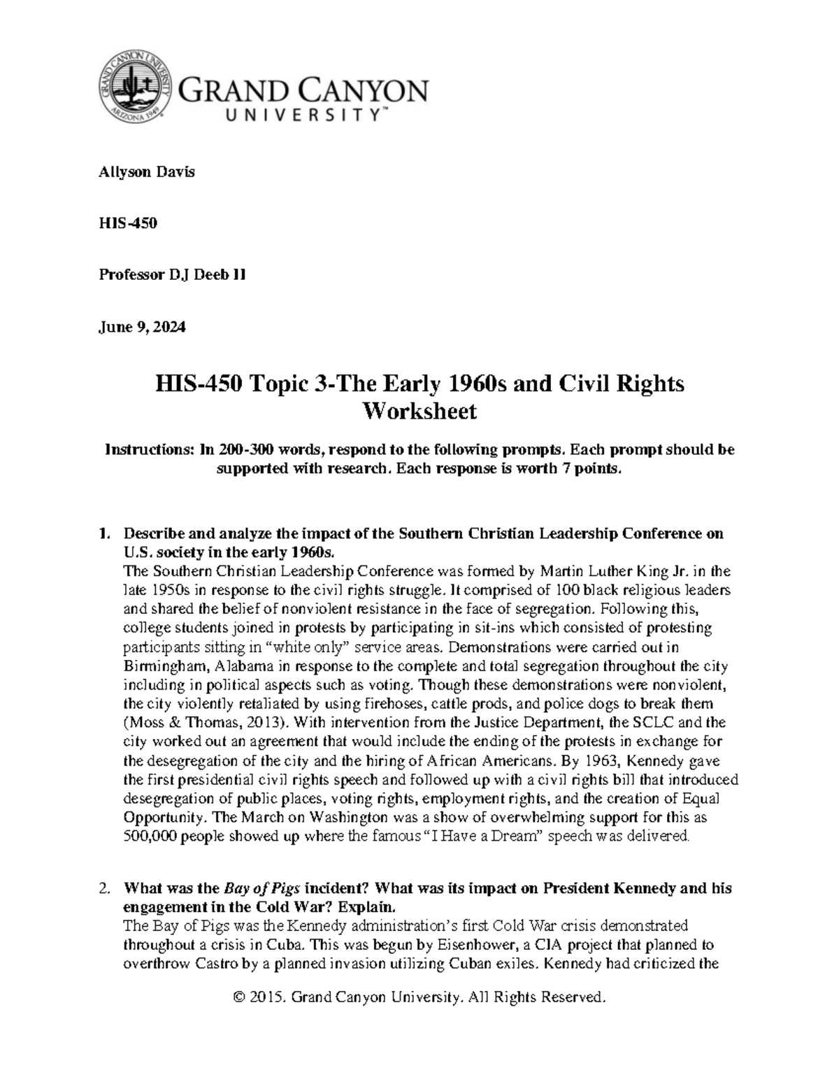 HIS-450-RS-T3-The Early 1960sand Civil Rights Worksheet - © 201 5 ...