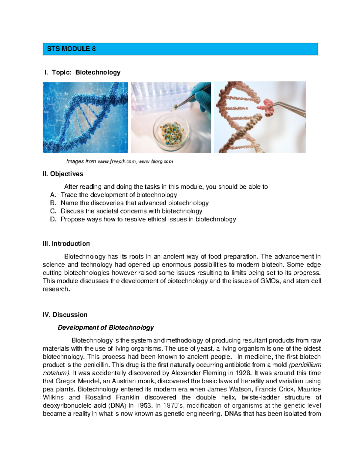 STS Module 8 Biotechnology ( Acquire) - STS Module 2 - A I. Topic ...
