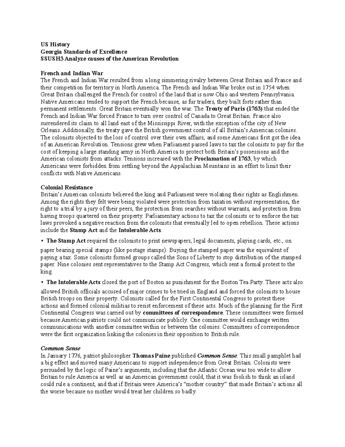Causes of the American Revolution - US History Georgia Standards of ...