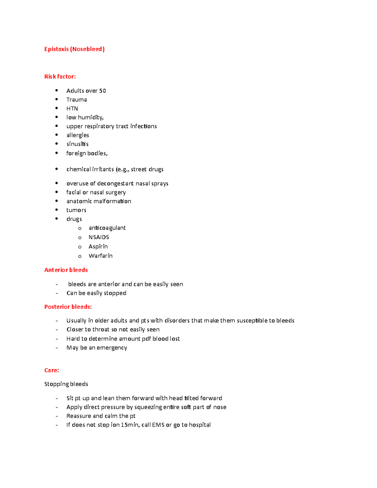 Epistaxis - notes - Epistaxis (Nosebleed) Risk factor: Adults over 50 ...