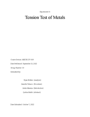 MECH 237 - Exp 2 Lab Report - Experiment Compression Test Course ...