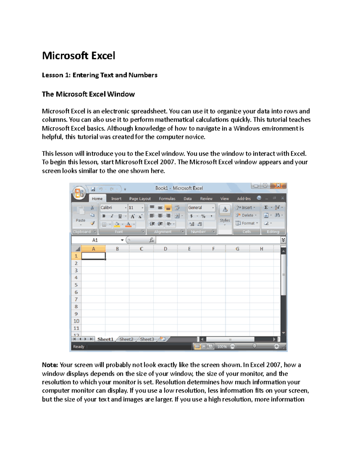 Section 7 - spreadsheets - Microsoft Excel Lesson 1: Entering Text and ...
