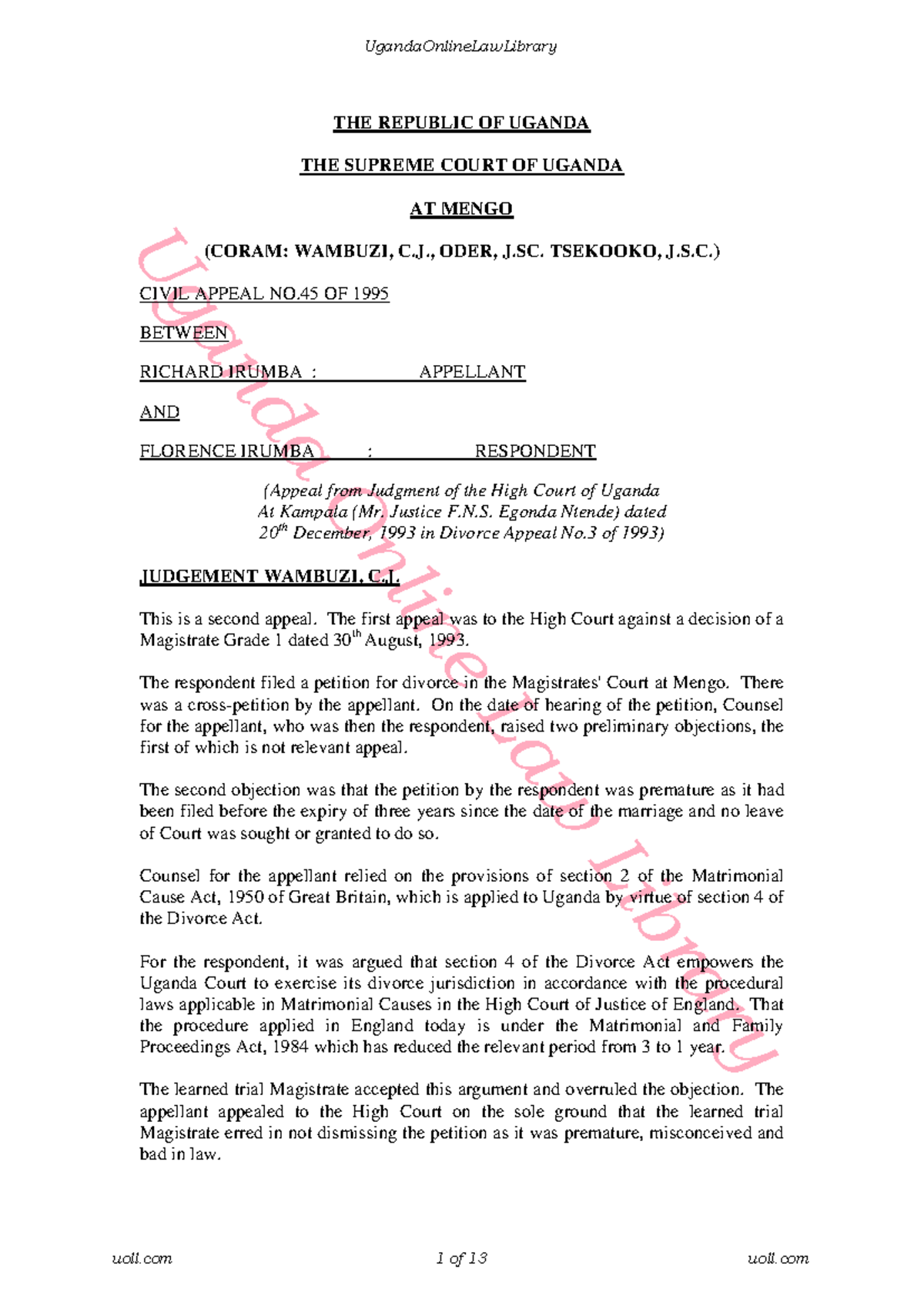 Richard Irumba Vs Florence Irumba - Uganda Online Law Library THE ...