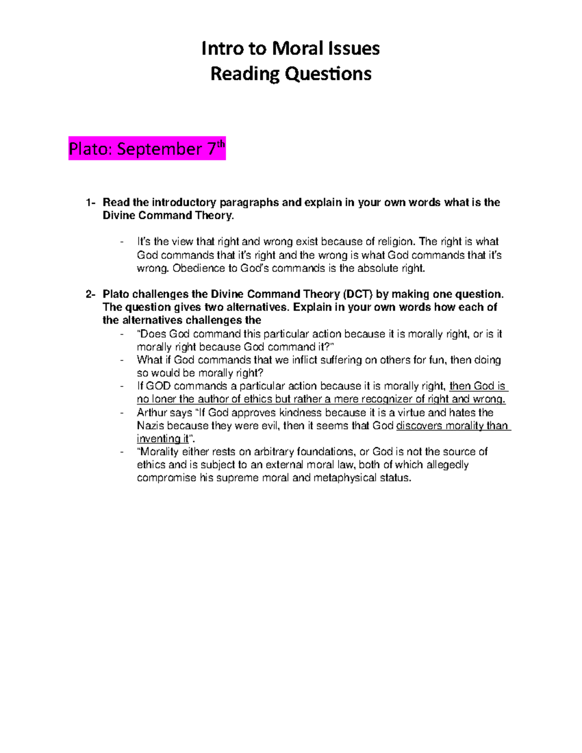 Reading Questions Plato - Intro to Moral Issues Reading Questions Plato ...