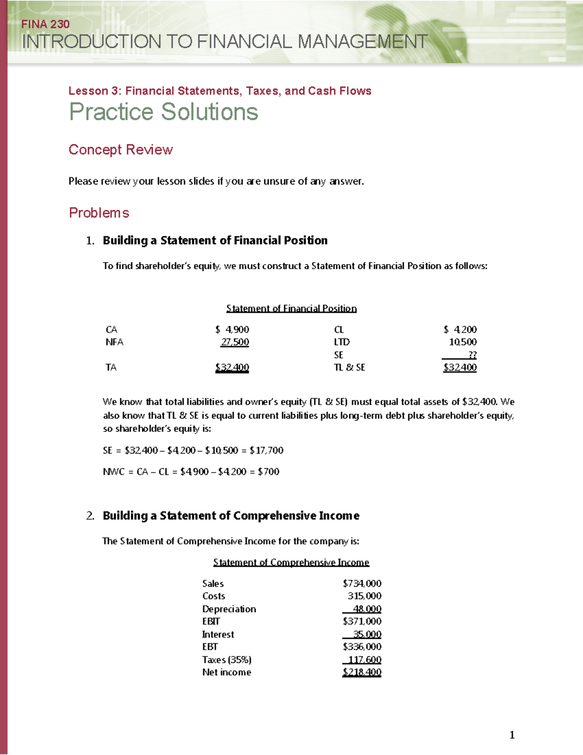 All Practice Solutions - INTRODUCTION TO FINANCIAL MANAGEMENT Lesson 3 ...