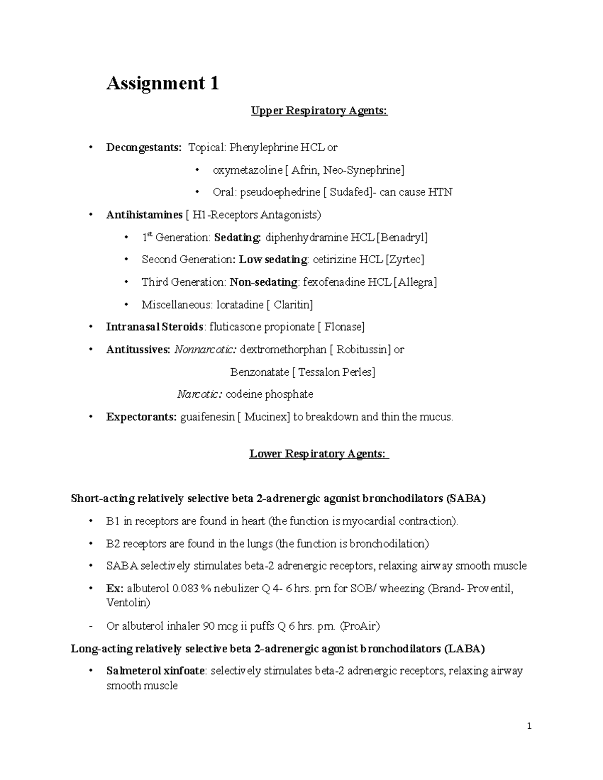 Pharmacology Drug Class notes - Assignment 1 Upper Respiratory Agents ...