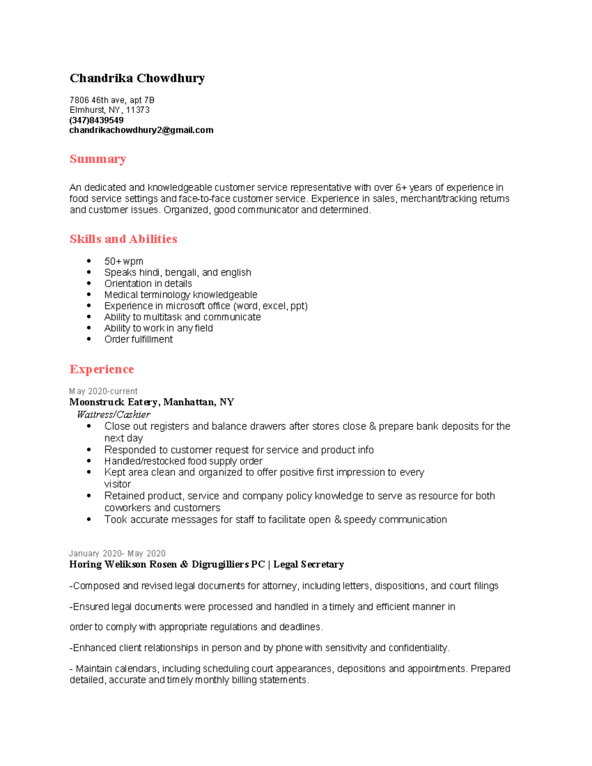 Chandrika resume - Brief and simple - Chandrika Chowdhury 7806 46th ave, apt 7B Elmhurst, NY ...