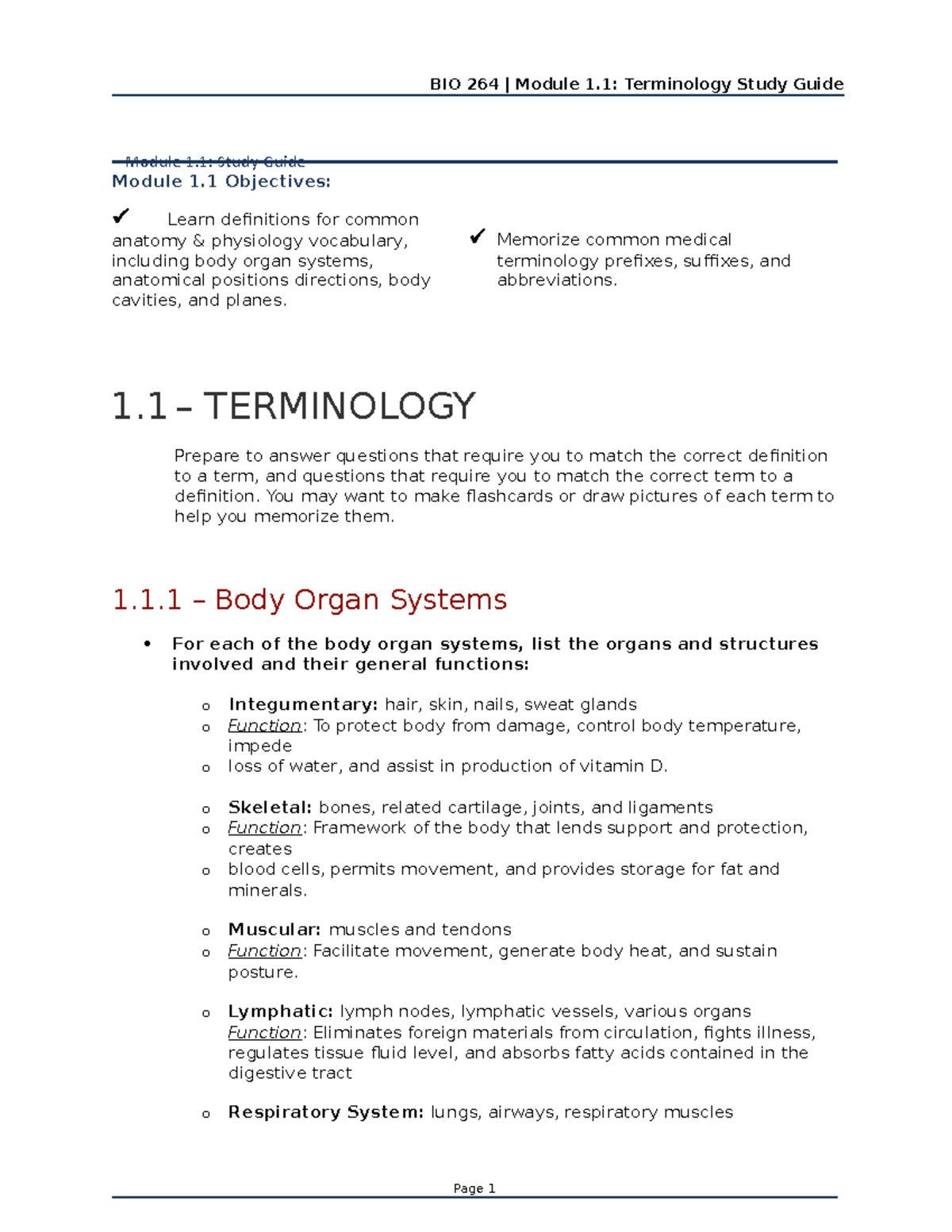 Bio264 Section 1.1 Study Guide - Module 1 Objectives: Learn definitions for common anatomy ...