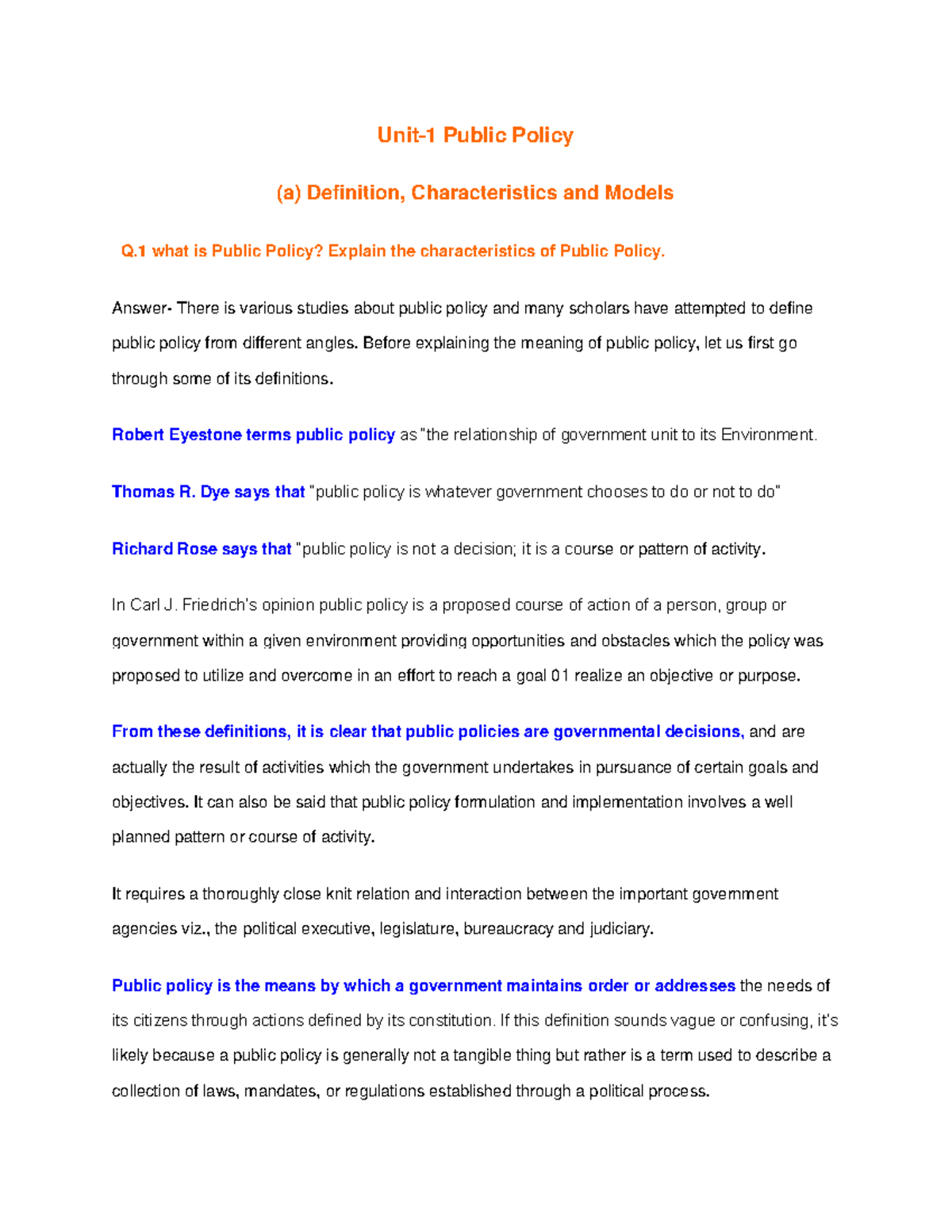 Unit 1 a - Unit- 1 Public Policy (a) Definition, Characteristics and ...
