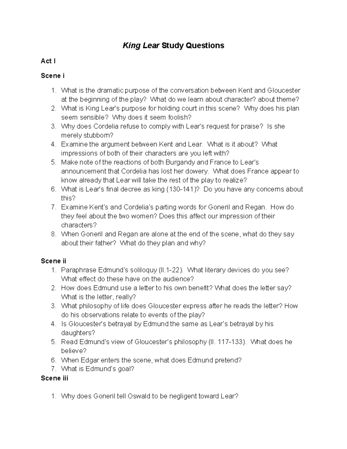 King Lear study questions - King Lear Study Questions Act I Scene i 1 ...