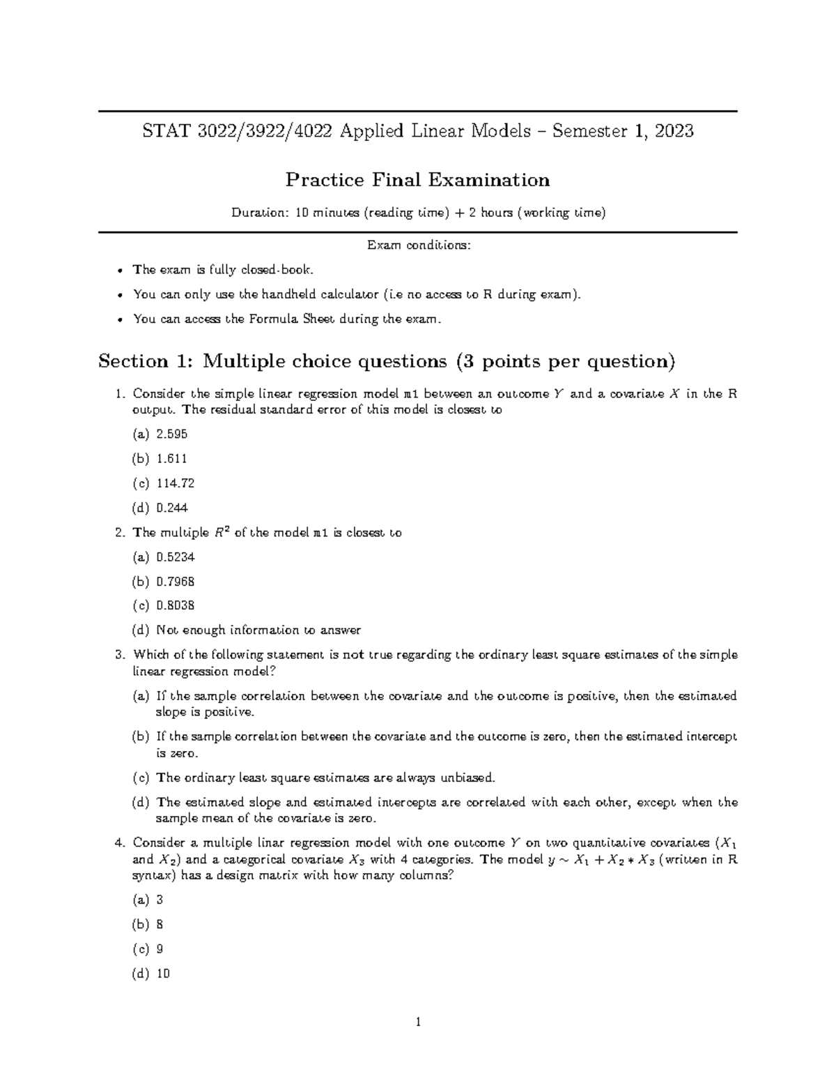 Practice exam 1 - STAT 3022/3922/4022 Applied Linear Models – Semester 1, 2023 Practice Final ...