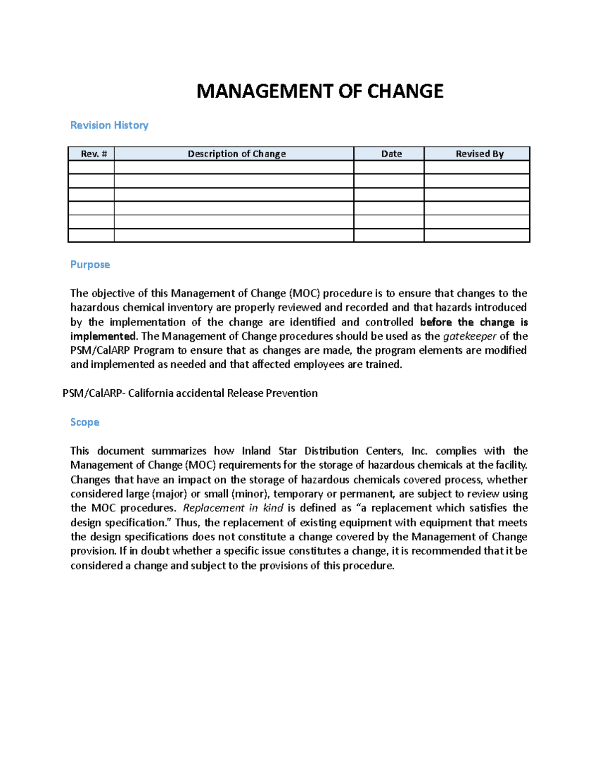 09 - Management of Change - MANAGEMENT OF CHANGE Revision History Rev ...