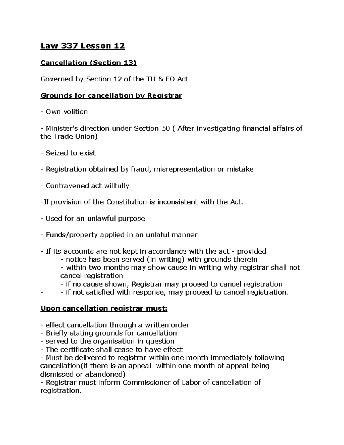 Law 337 Lesson 12 - introduction to labour law - Law 337 Lesson 12 ...
