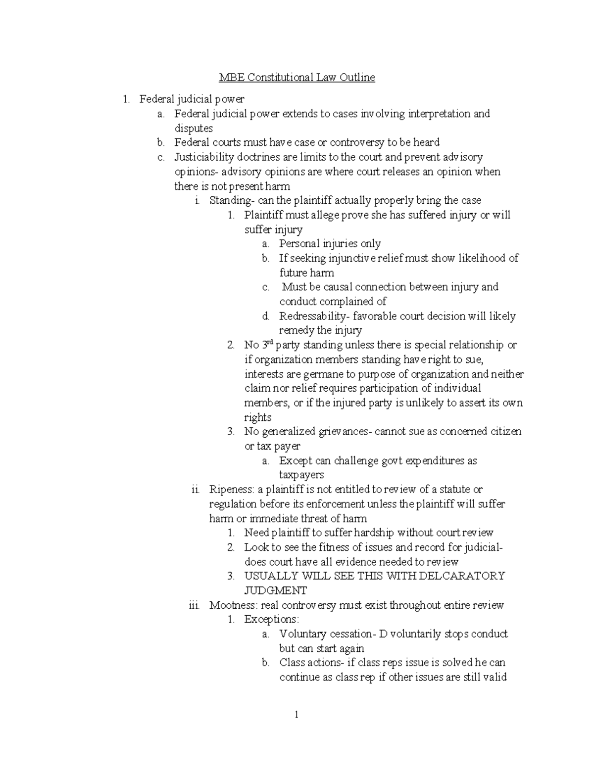 MBE Constitutional Law Outline - Federal judicial power a. Federal judicial power extends to ...
