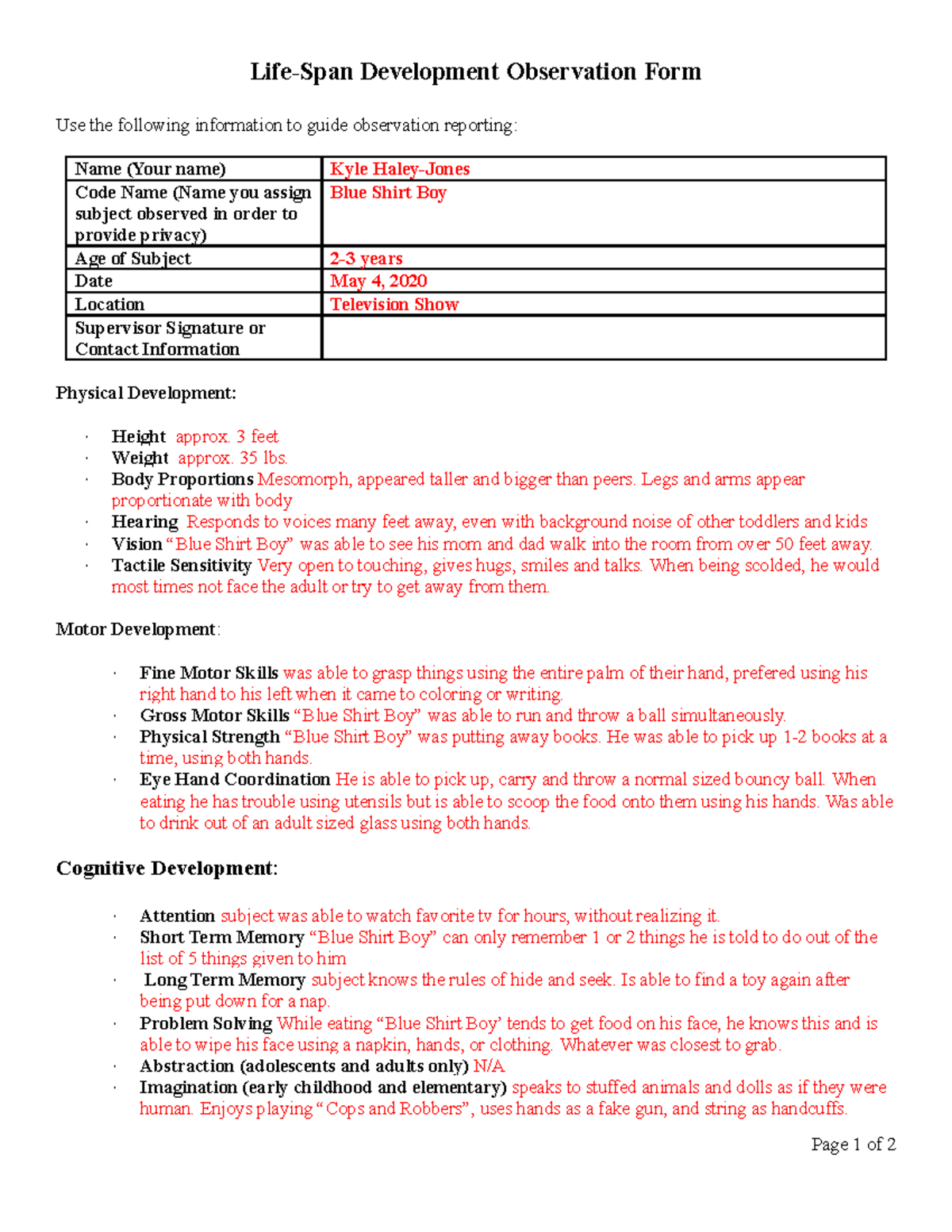 Early Childhood Observation - Life-Span Development Observation Form ...