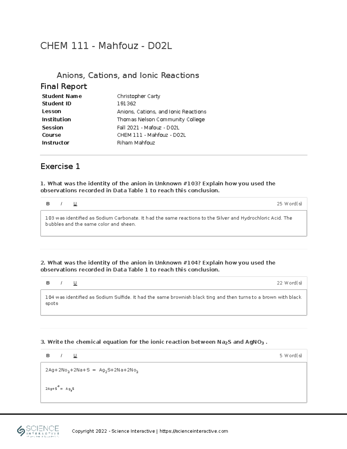 Anions Cations and Ionic reactions Lab 5 HOL server - Student ...