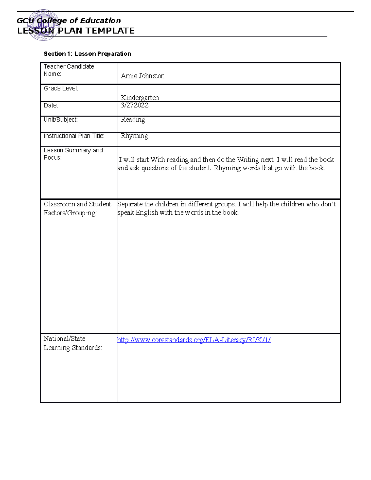 Lesson Plan Reading For Kindergarten Topic 4 GCU College Of Education
