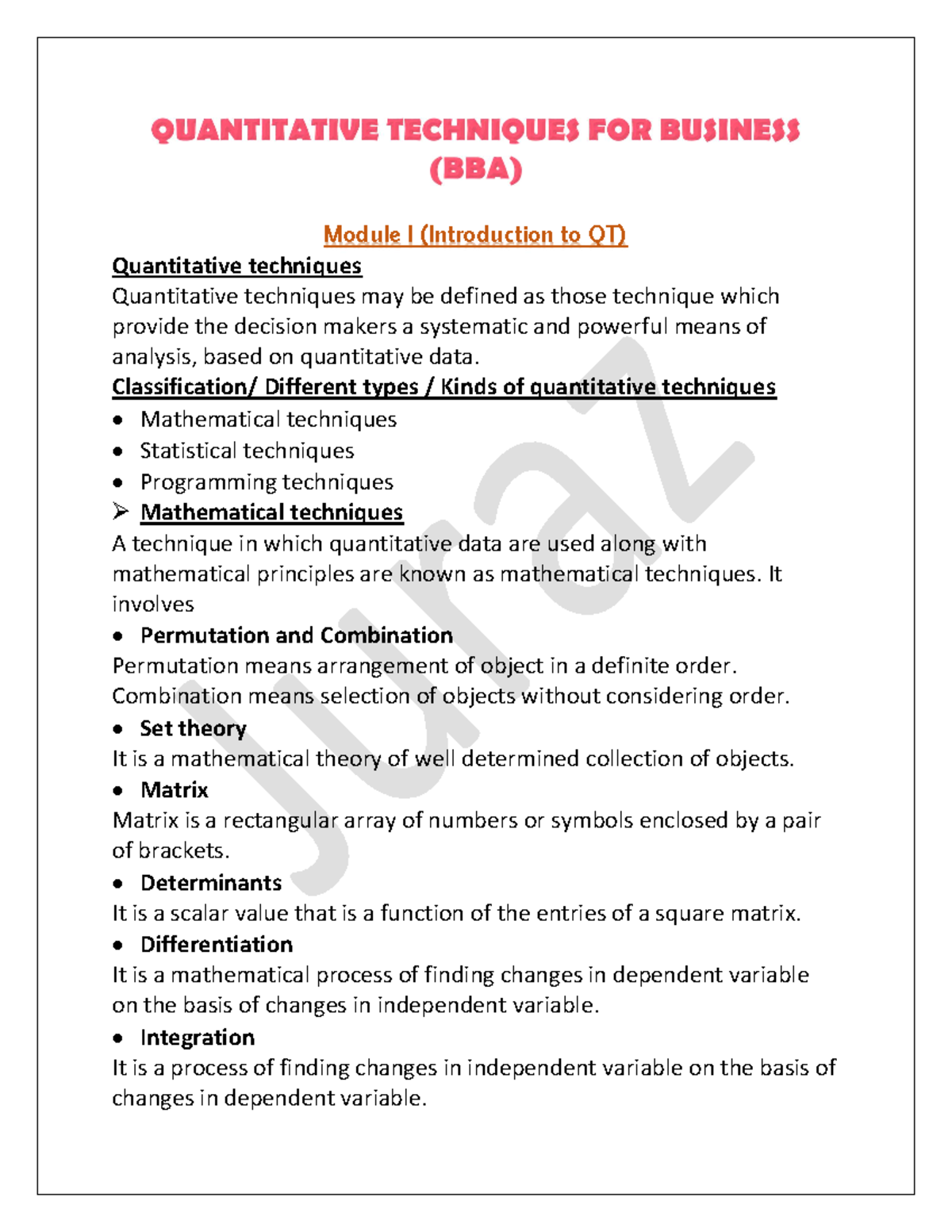 QT- BBA- Module I- Juraz - Module I (Introduction to QT) Quantitative techniques Quantitative ...