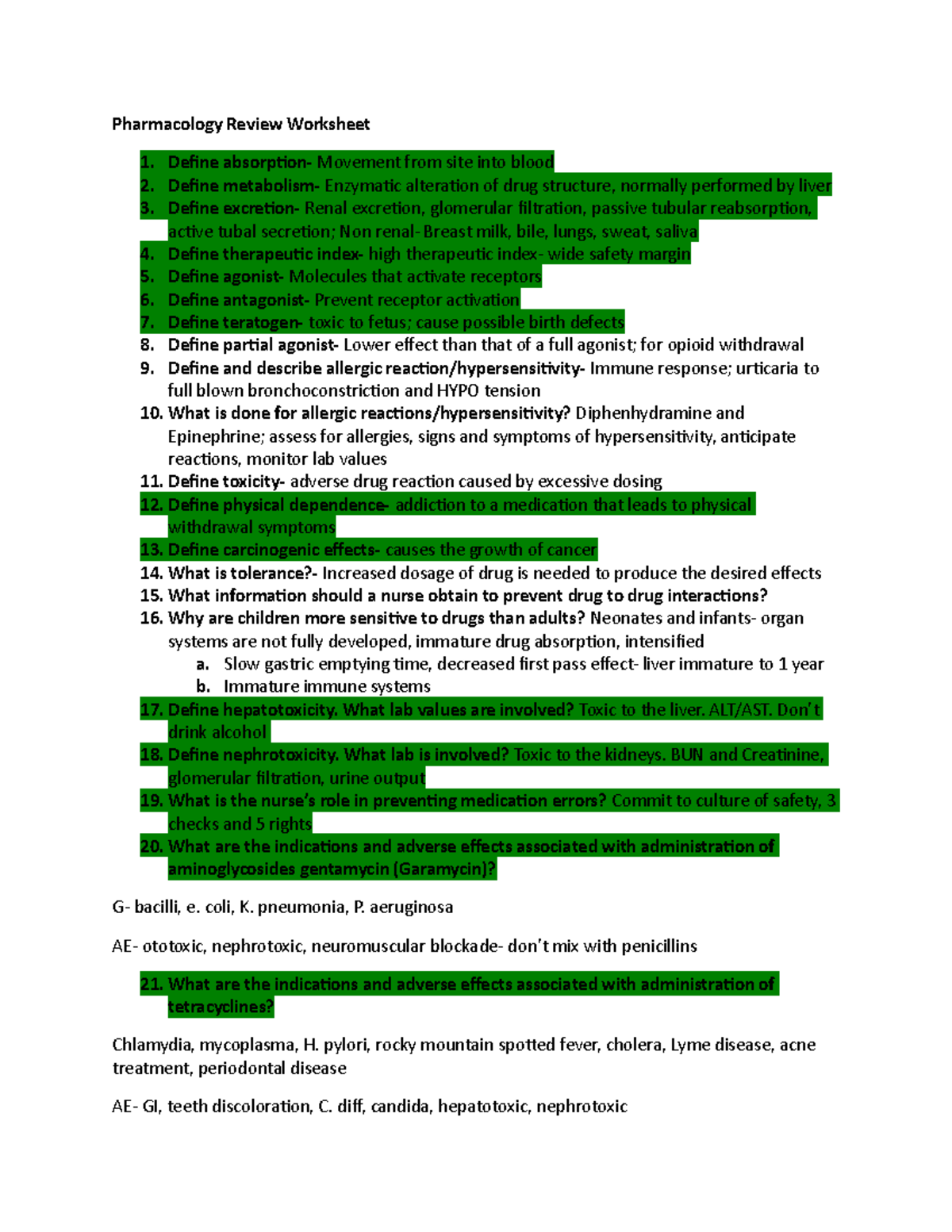 Pharm Final Review sheet 2020 - Pharmacology Review Worksheet 1. Define ...