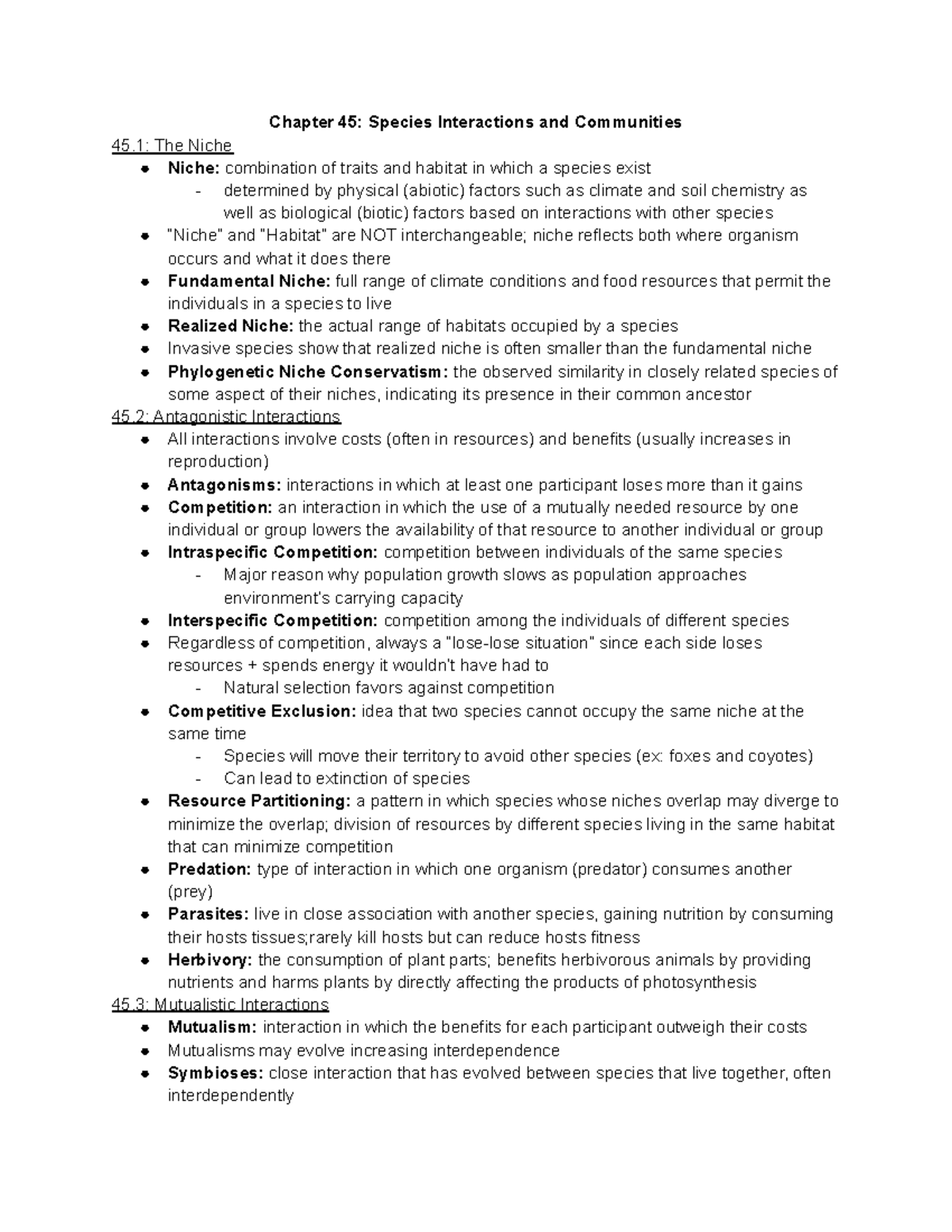 Biology 1108 Chapter 45 Notes - Chapter 45: Species Interactions and ...