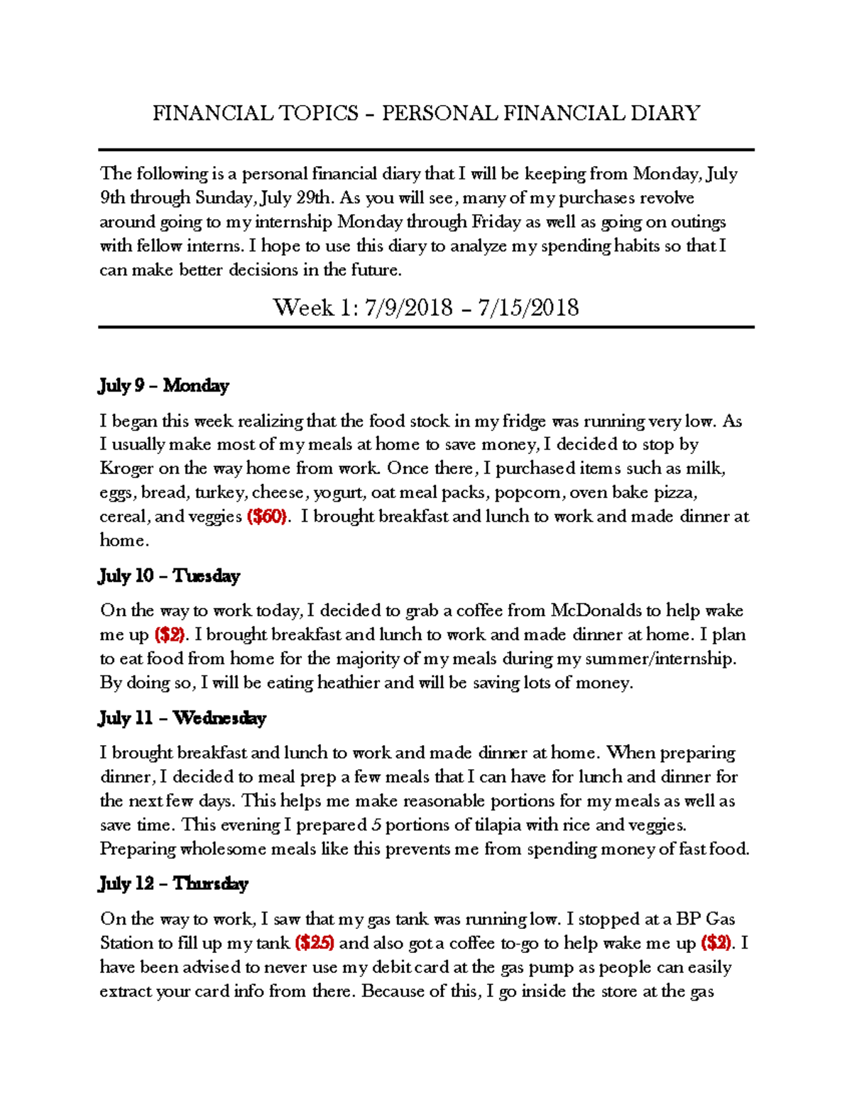 Personal Financial Diary - FINANCIAL TOPICS – PERSONAL FINANCIAL DIARY ...