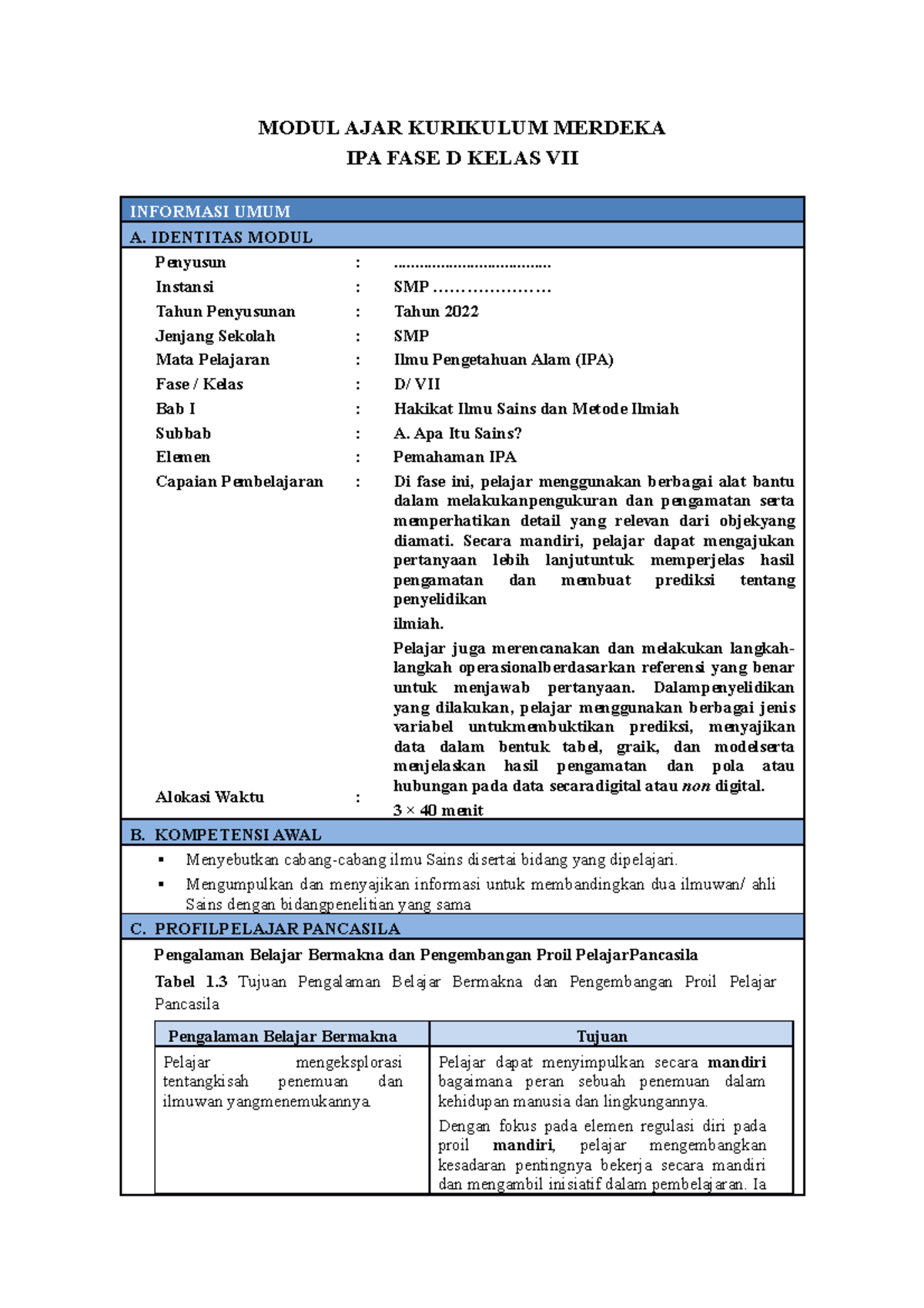 MA Fase D7 IPA Bab 1 - modula ajar ipa bab 1 kelas 7 - MODUL AJAR KURIKULUM MERDEKA IPA FASE D ...