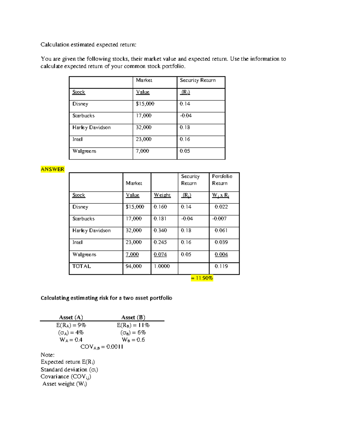 Unit 8 calculation - Estimated return and SD for portfolio - Calculation estimated expected ...