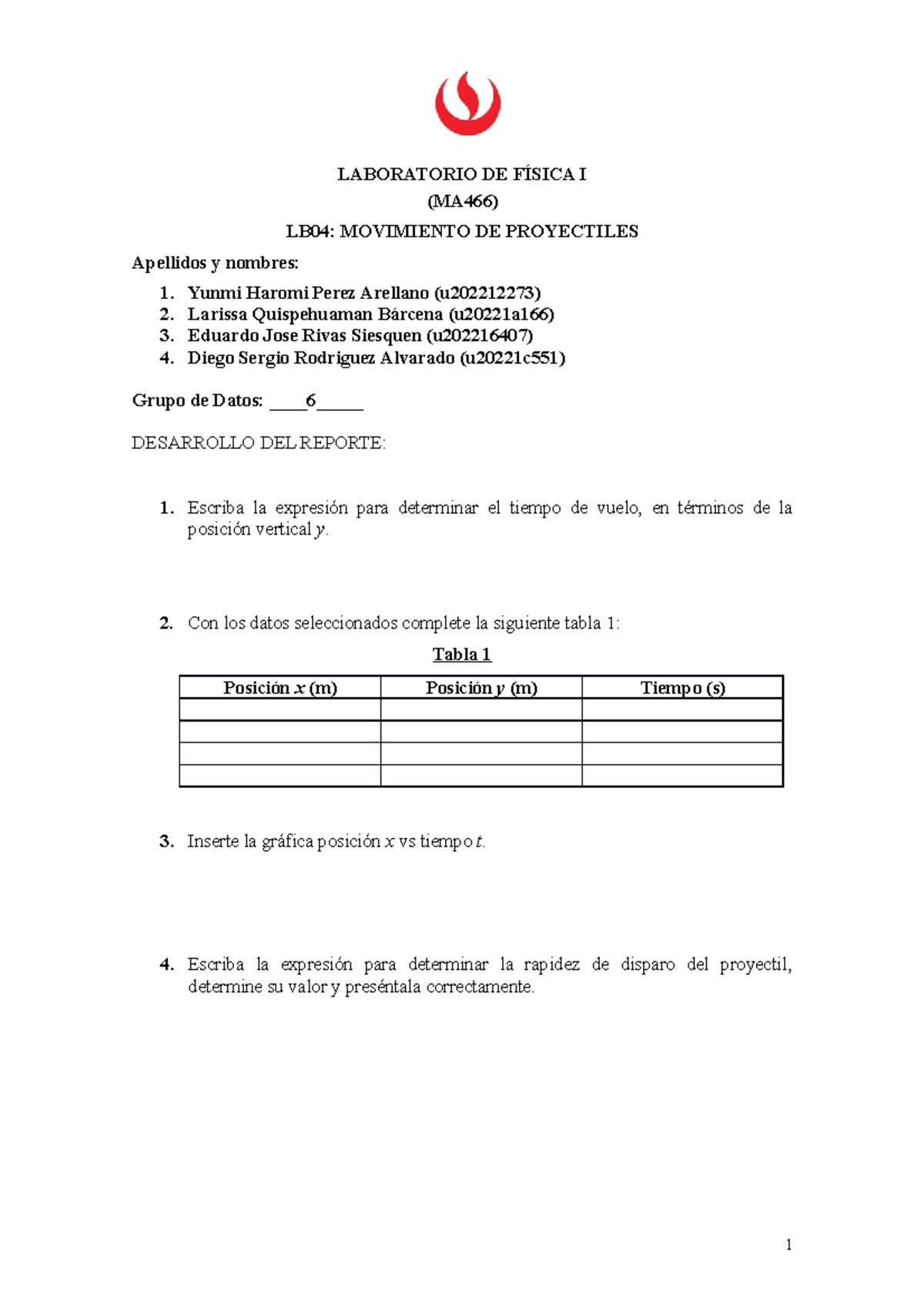 Reporte Del Laboratorio Lb04 Mov Proyectil De Física I Laboratorio De