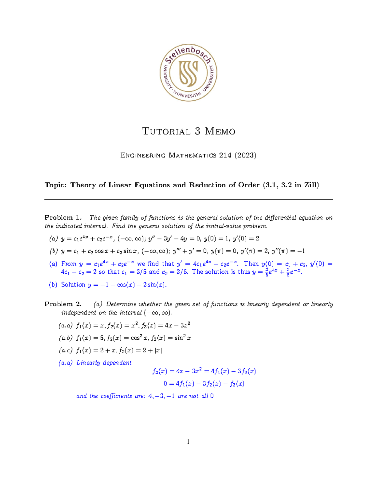 Tutorial 3 Memo - tut memo - Tutorial 3 Memo Engineering Mathematics 214 (2023) Topic: Theory of ...