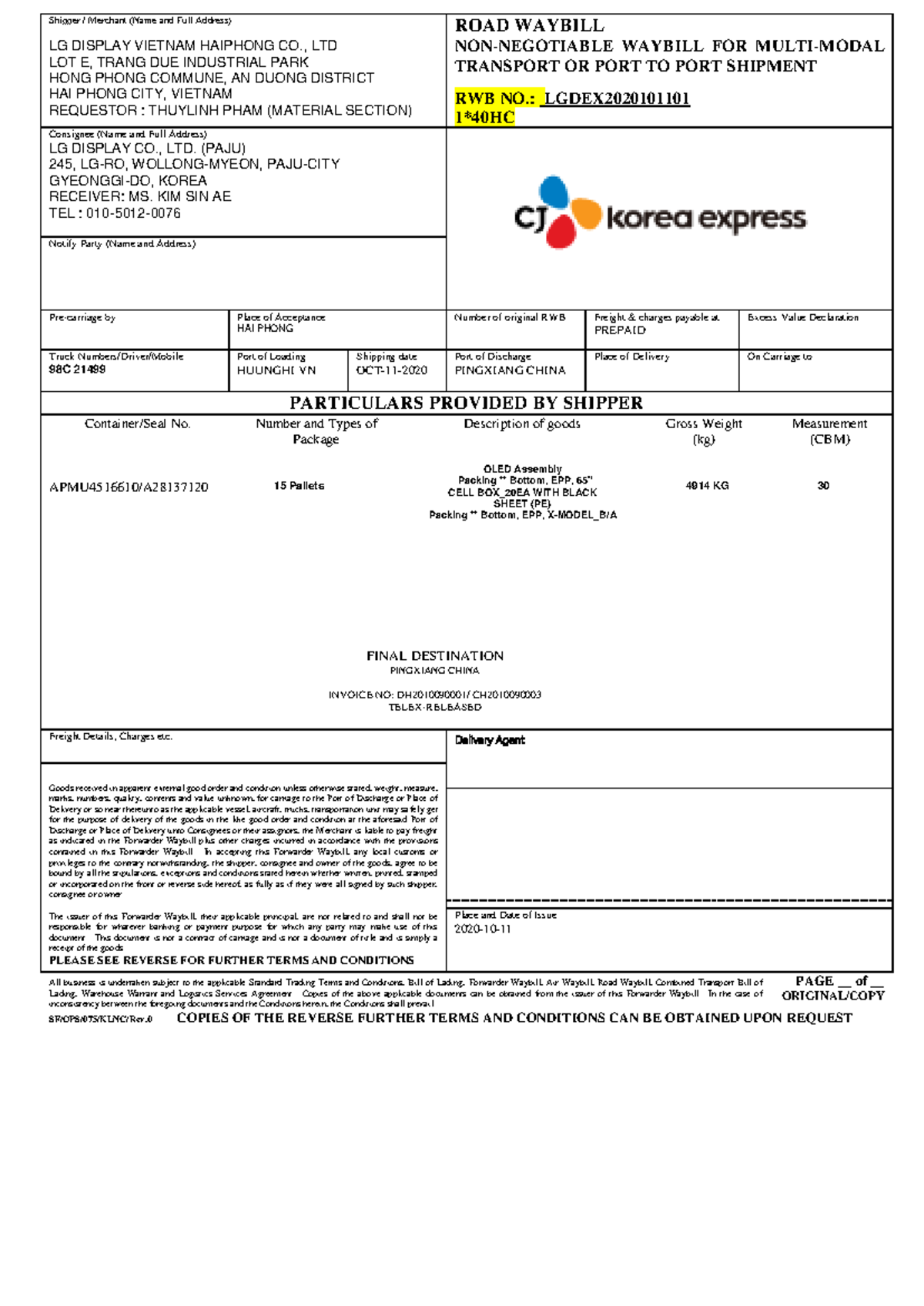 Road Way Bill - Bộ road way bill - Shipper / Merchant (Name and Full ...