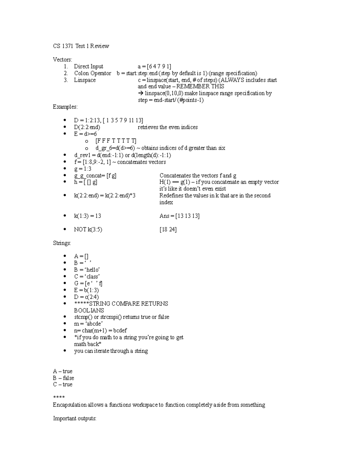 Test 1 Review - CS 1371 Test 1 Review Vectors: 1. Direct Input a = [6 4 ...