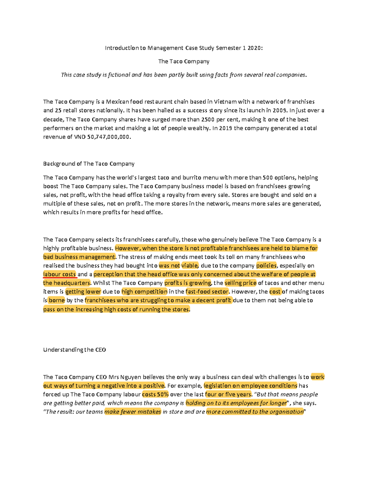 Introduction to Management Case Study The Taco Company - Introduction ...