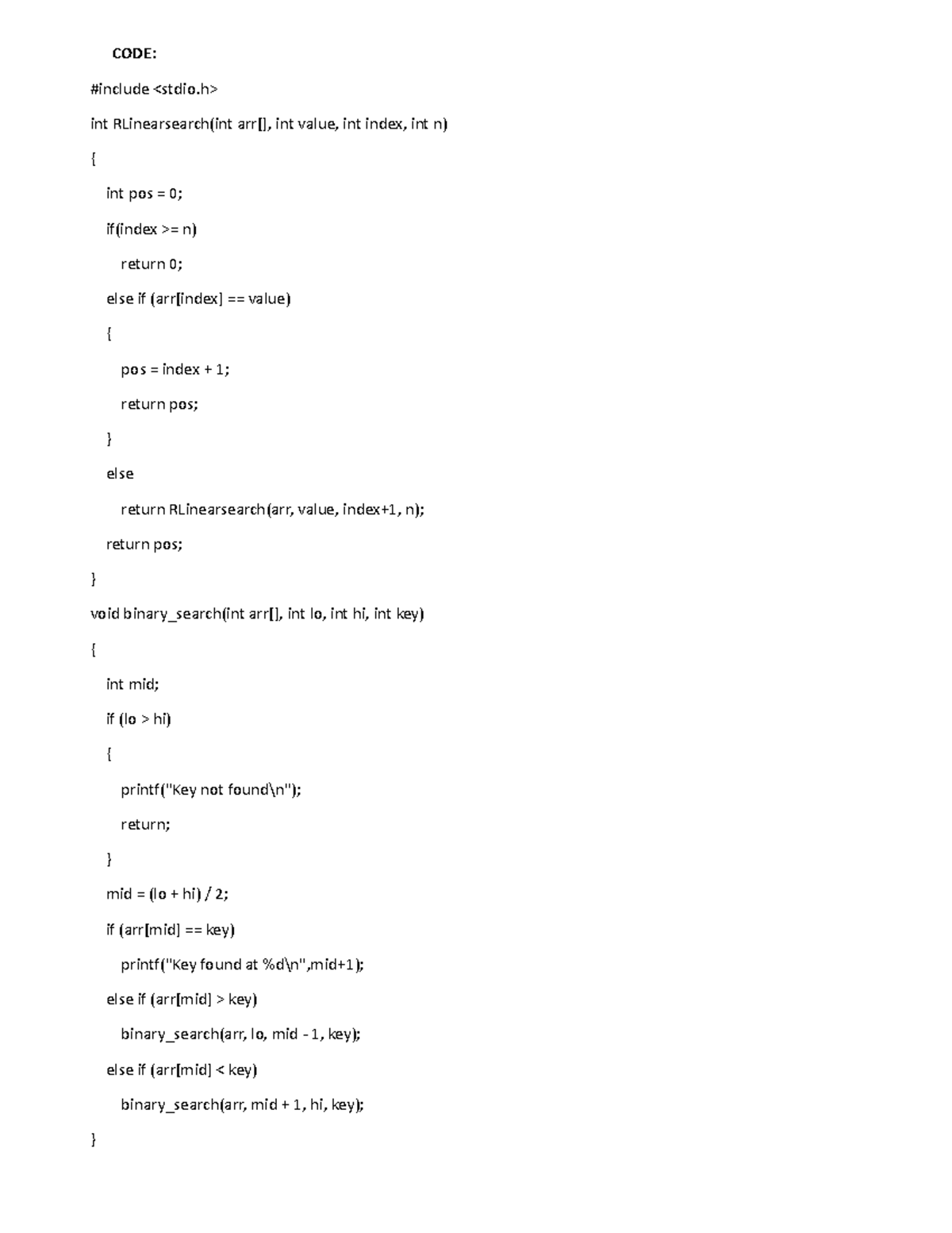 Daa1 - daa lab output code - CODE: #include int RLinearsearch(int arr[], int value, - Studocu