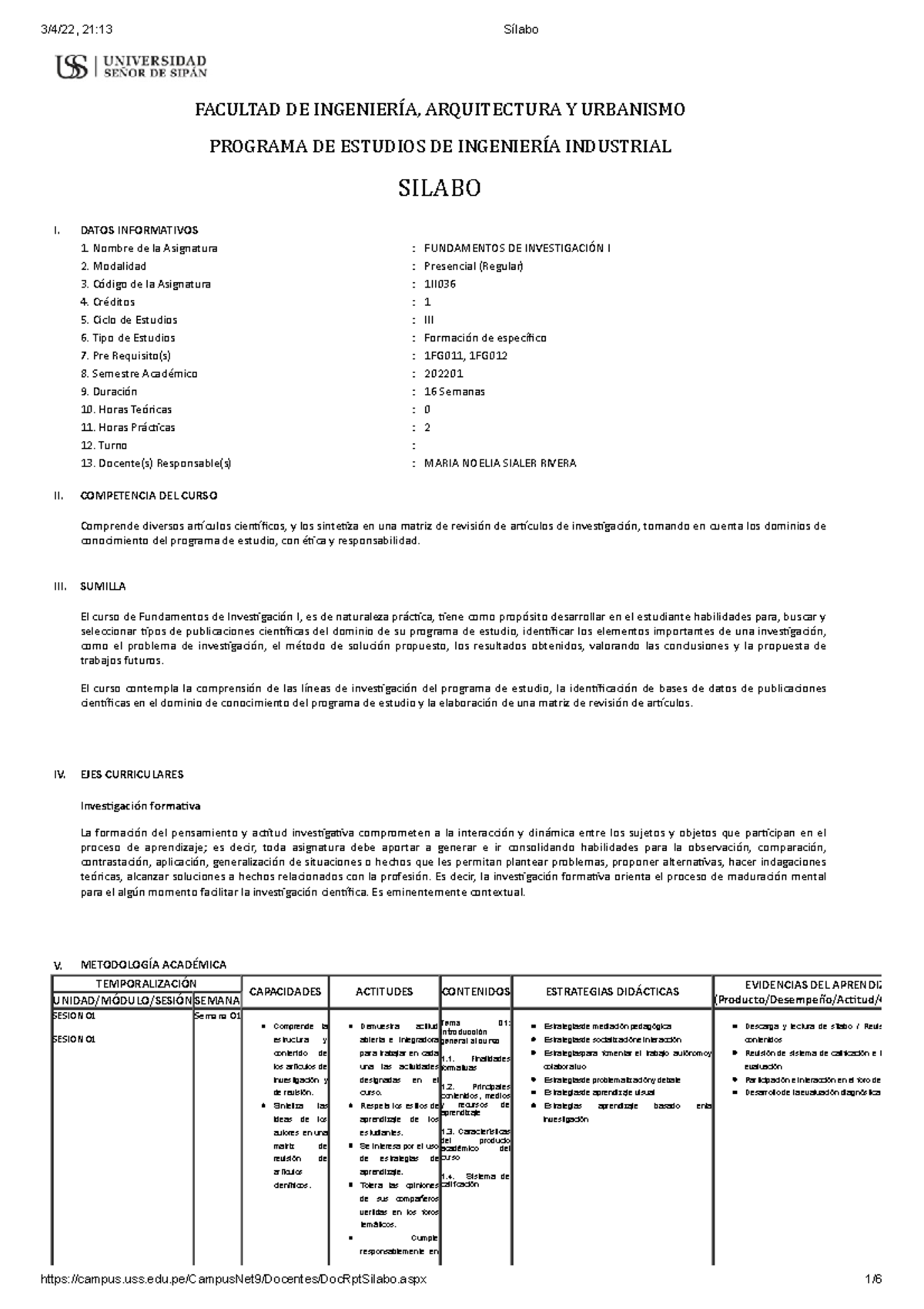 Silabo Fundamentos DE Investigacion I Industrial - FACULTAD DE ...