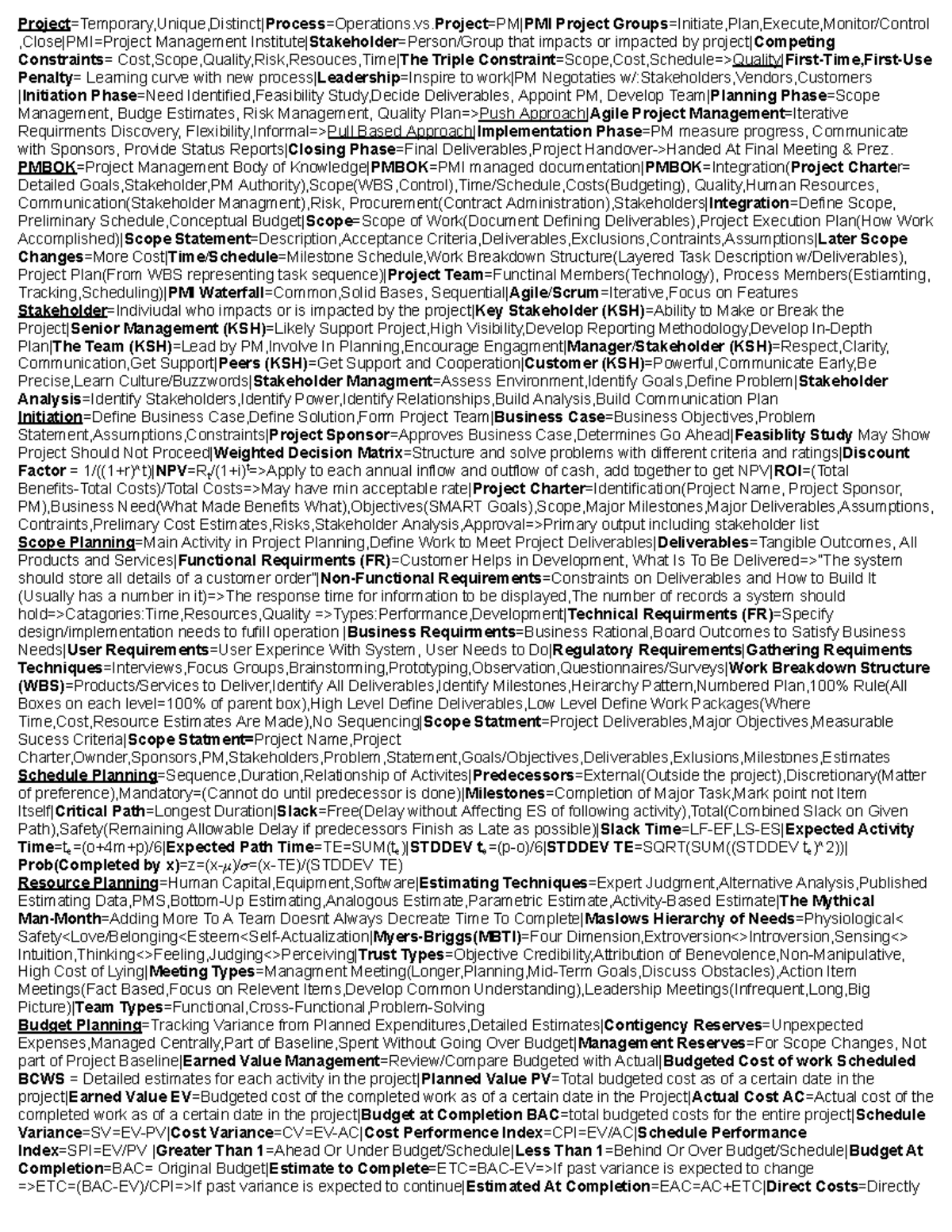 Formula Sheet 2 - Project=Temporary,Unique,Distinct|Process=Operations ...