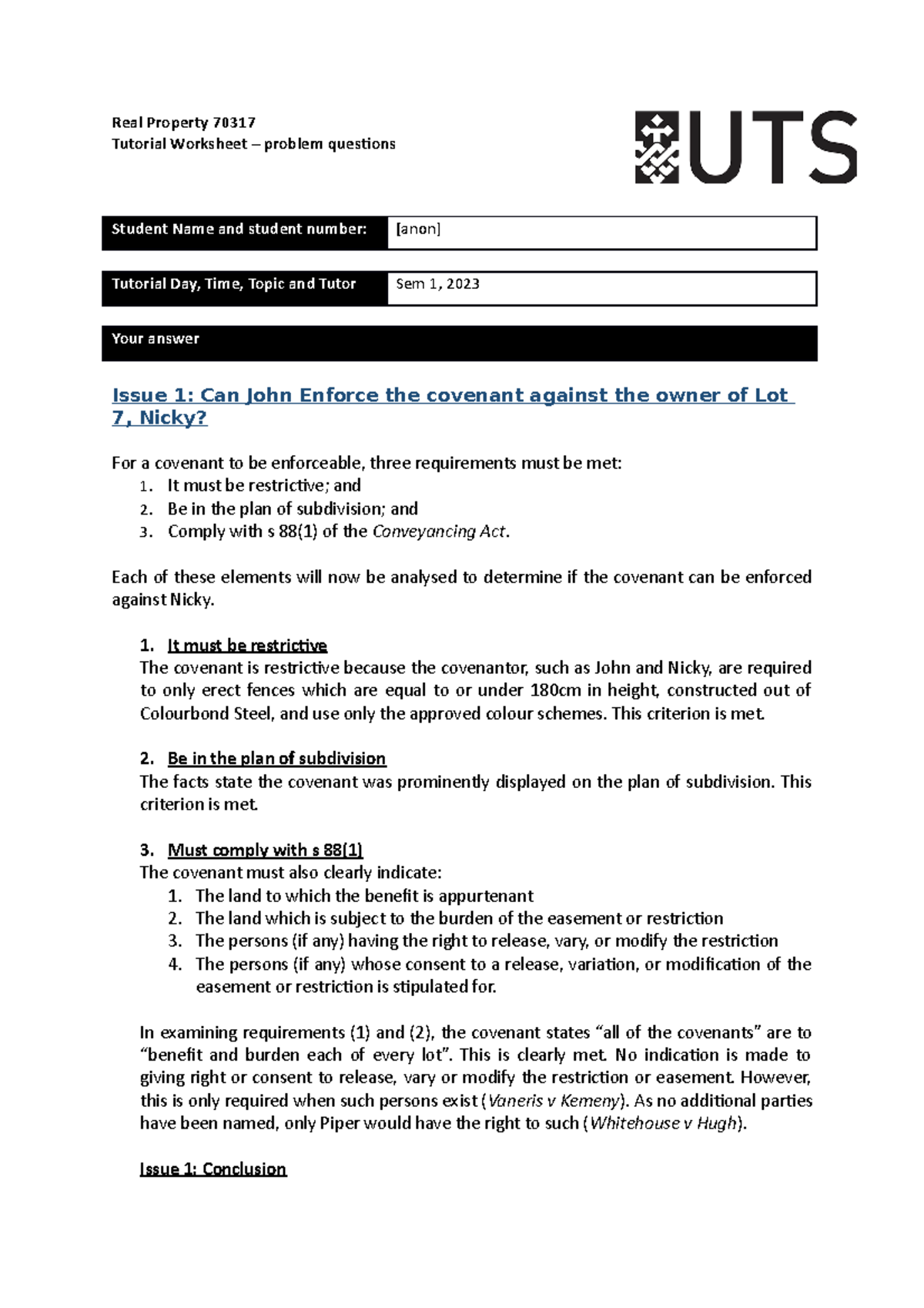 Tutorial PRE-PREP Covenants - Real Property 70317 Tutorial Worksheet ...