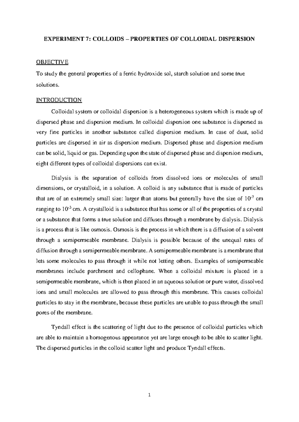 Experiment 7 - Properties of colloidal dispersion v2 f2f - EXPERIMENT 7 ...