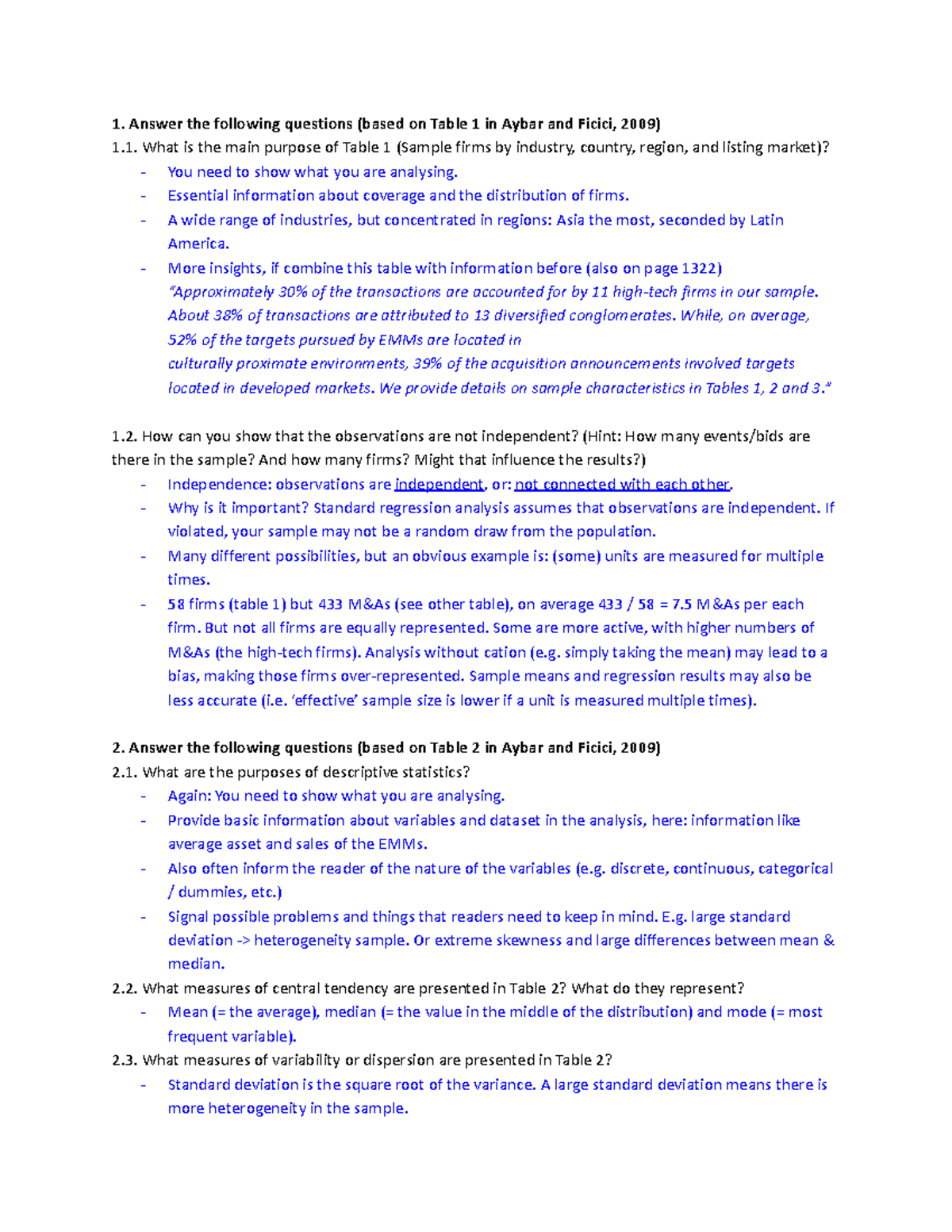 ERP Tutorial questions #1 - Answer the following questions (based on Table 1 in Aybar and Ficici ...