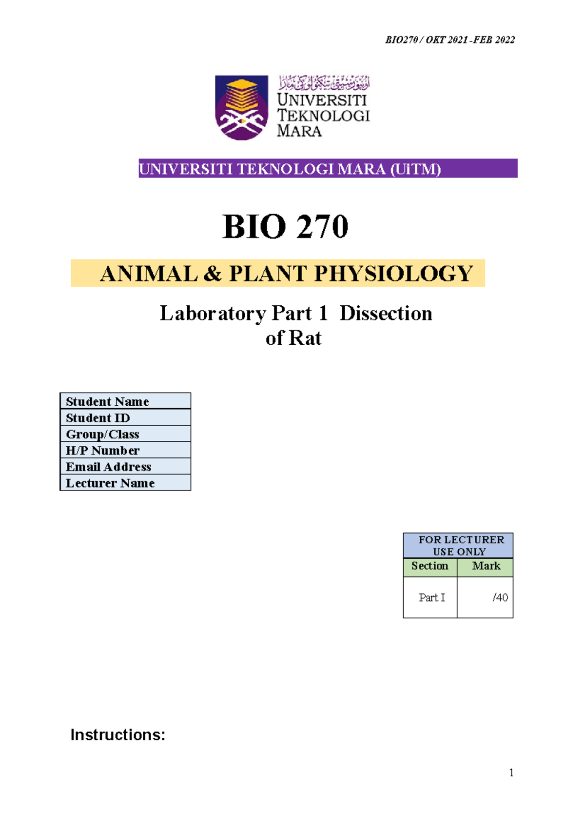 Lab Part I bio - lab report bio270 part 1 - Biology - UiTM - Studocu