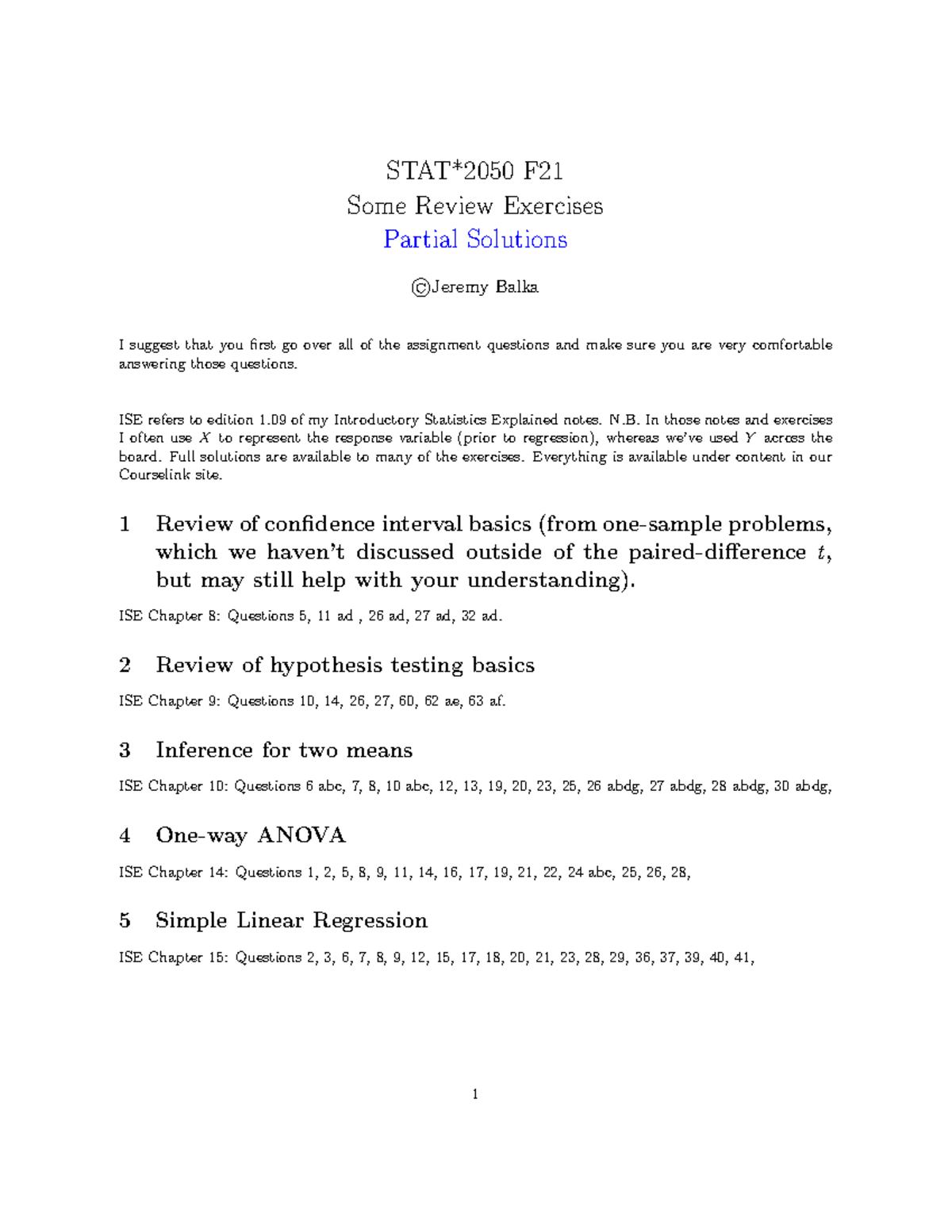 2050 F21 Review exercises solutions - STAT*2050 F Some Review Exercises Partial Solutions ...