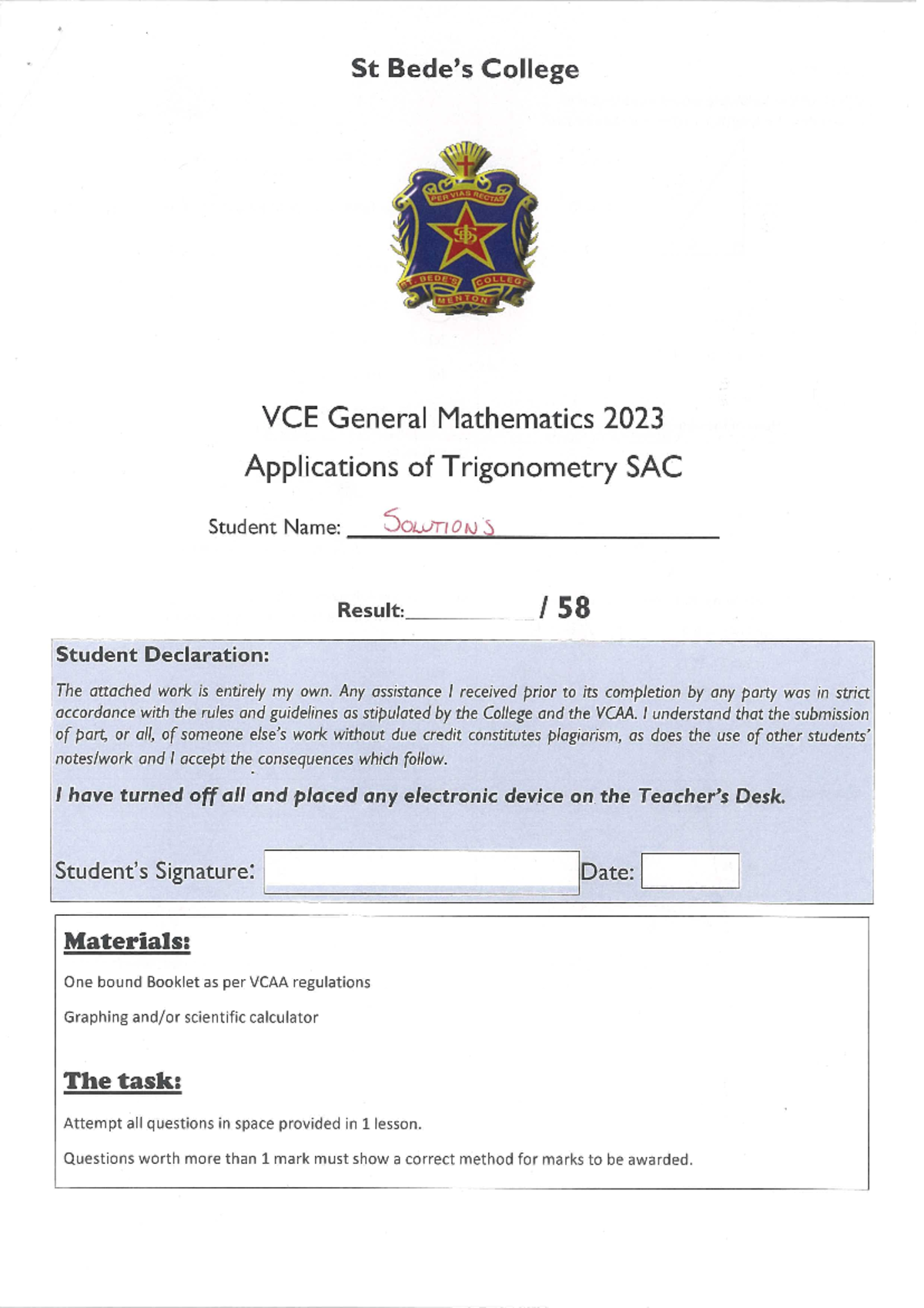 2023 General Mathematics Trigonometry SAC (solutions) - Studocu
