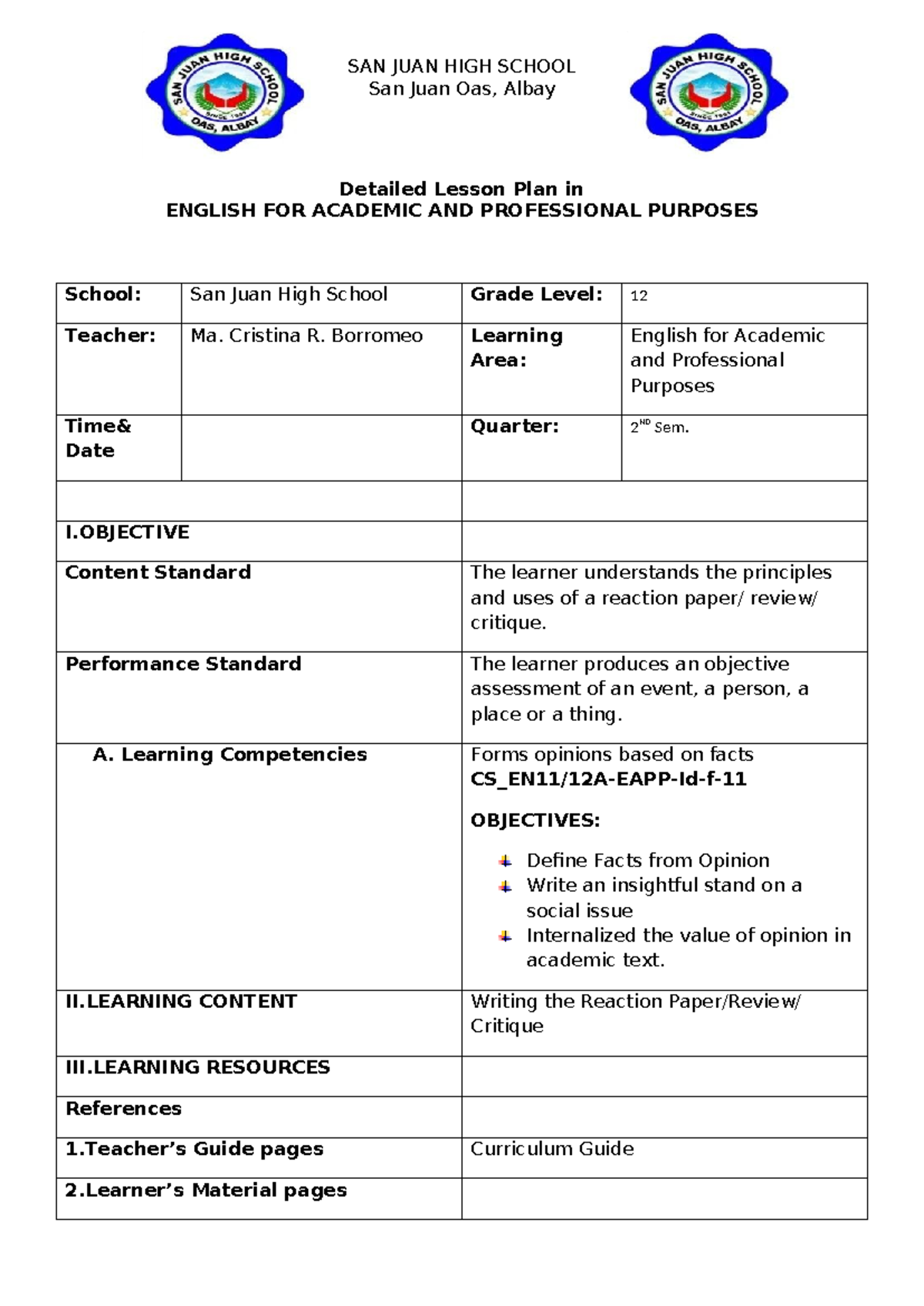 DLP#2 - SAN JUAN HIGH SCHOOL San Juan Oas, Albay Detailed Lesson Plan ...