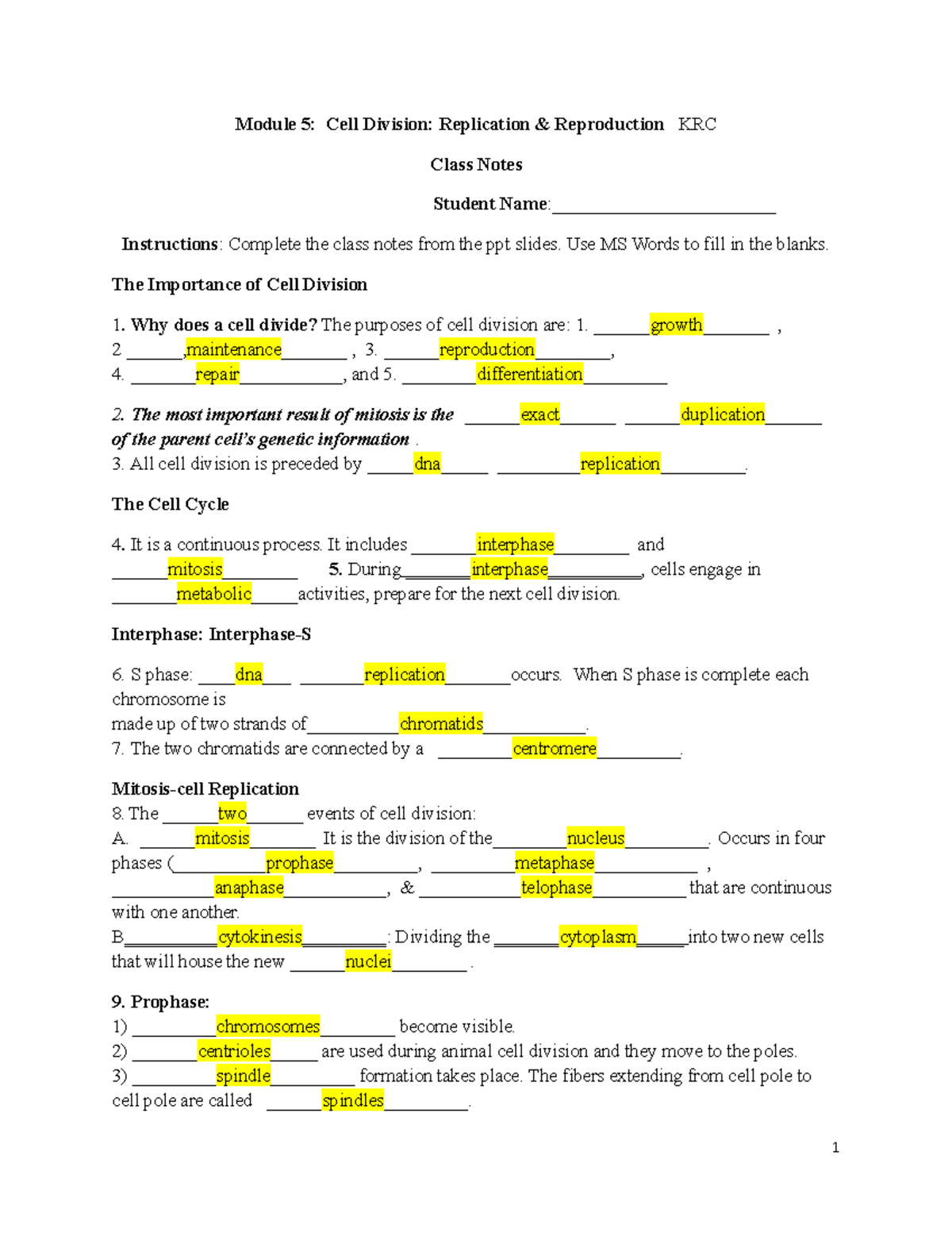 Module 5 class notes 2020 KRC - Module 5: Cell Division: Replication ...
