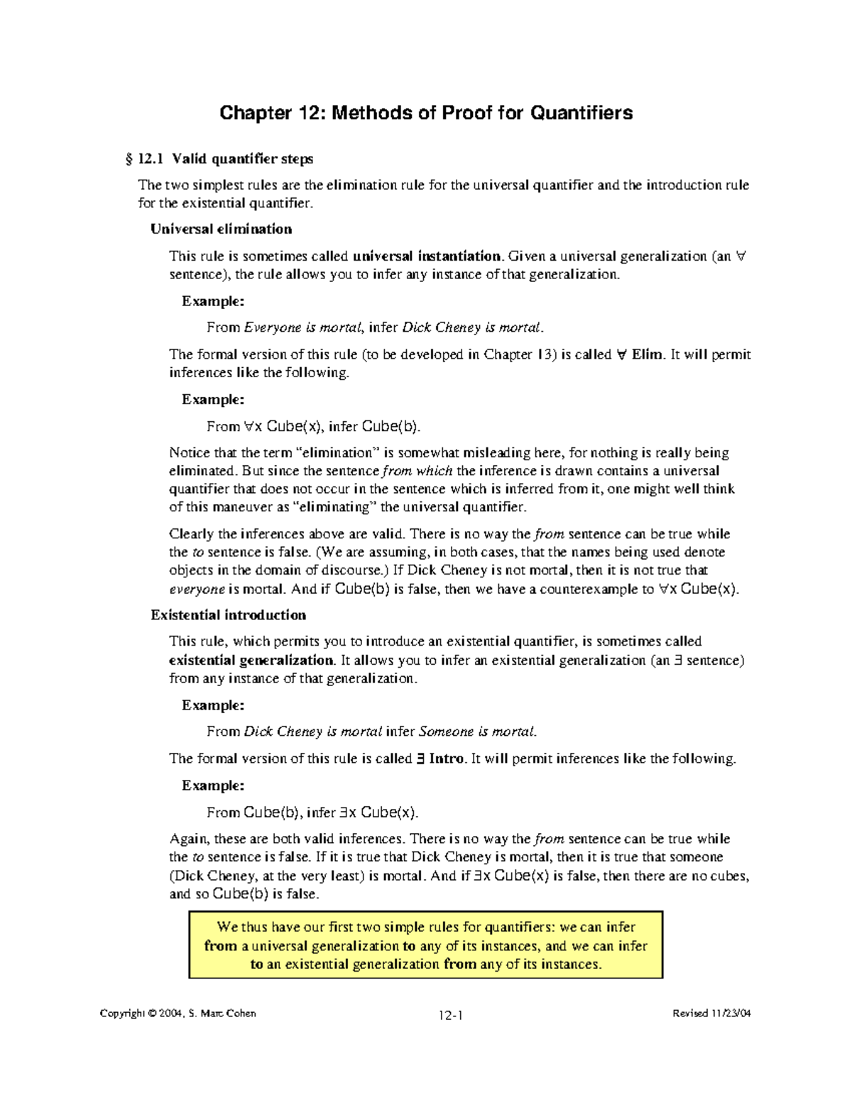 Chapter 12 - Good - Chapter 12: Methods of Proof for Quantifiers § 12 Valid quantifier steps The ...