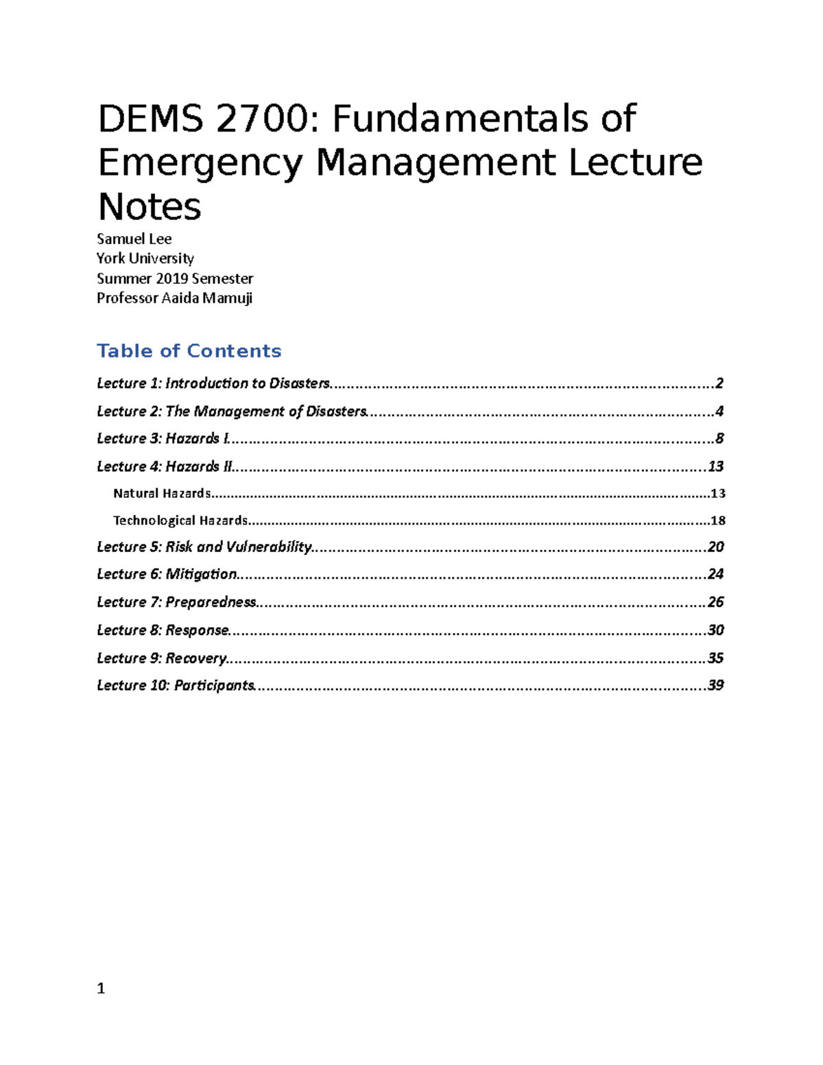 DEMS 2700 Lecture Notes - DEMS 2700: Fundamentals of Emergency ...